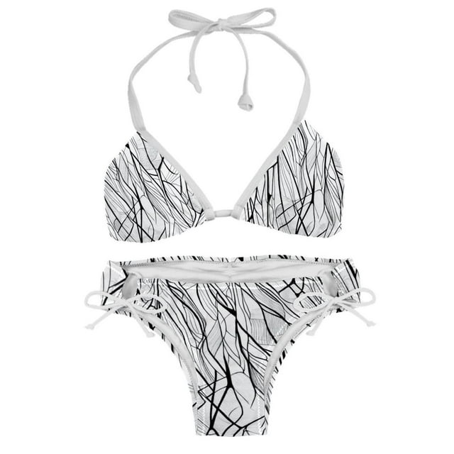 Sexy Womens String Bikini Set Abstract Black Lines Print Two Piece