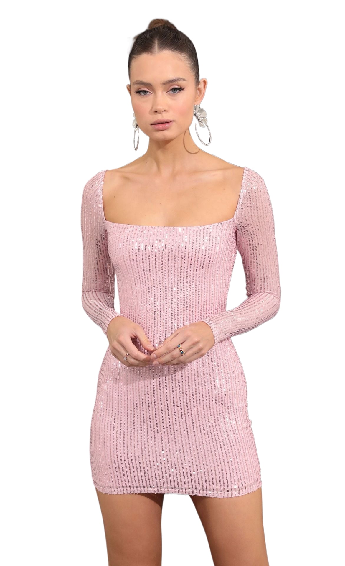 Sexy long sleeved dress solid color sequin evening dress slim fit hip ...