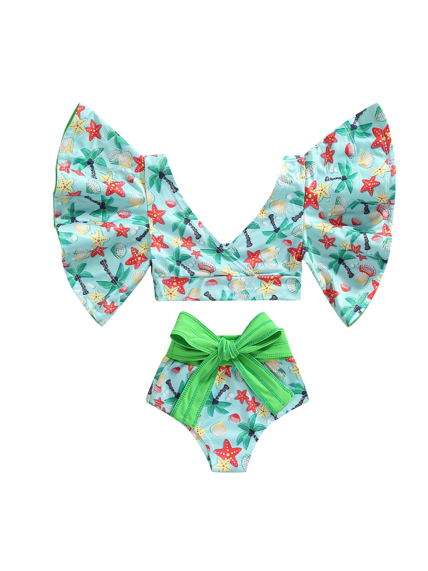 Seyurigaoka Girl's Two-Piece Bathing Suit, Lemon/Starfish/Stripe Baggy ...