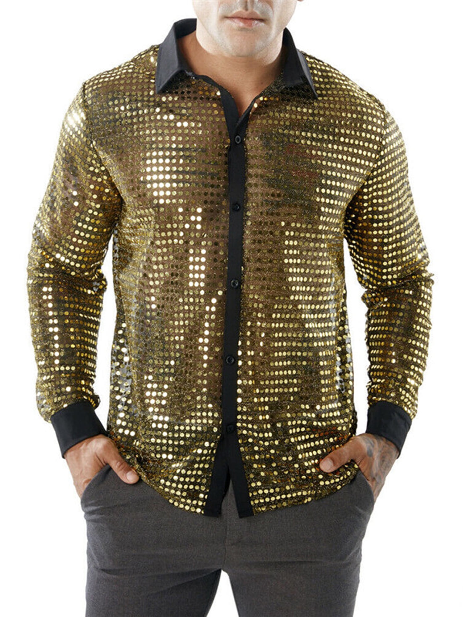Seyurigaoka Men's 70s Shiny Sequins Disco Shirts Dude Costumes Long ...