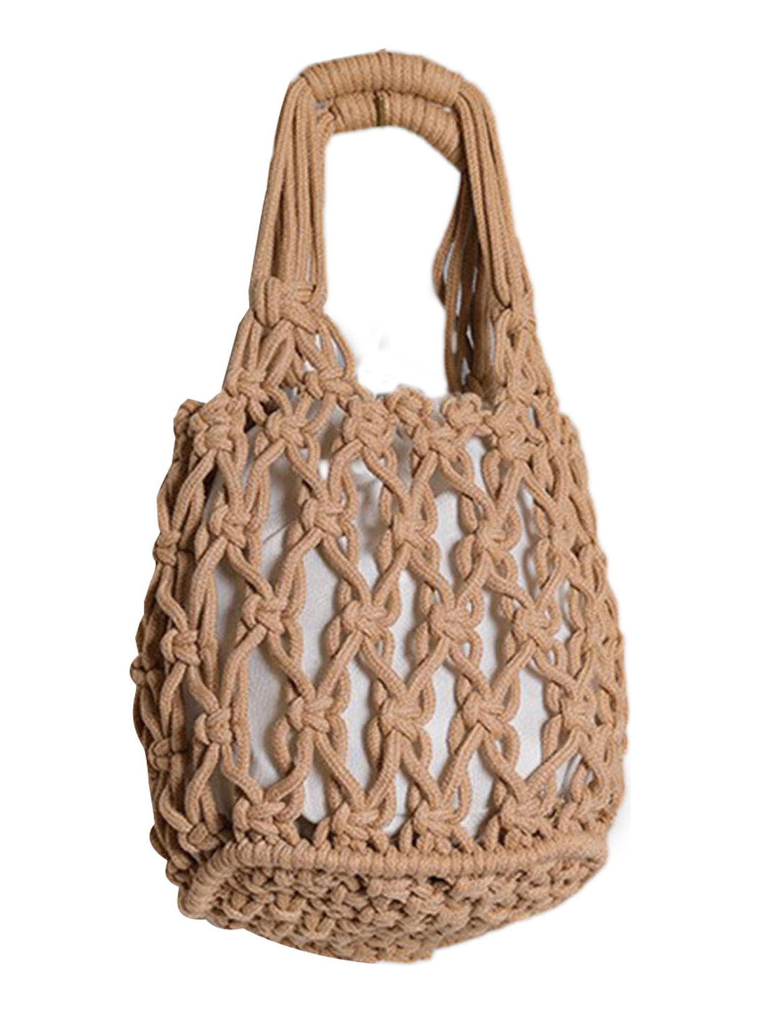 Seyurigaoka Thick Cotton Thread Tote Net Handbags, Solid Color Hollow ...