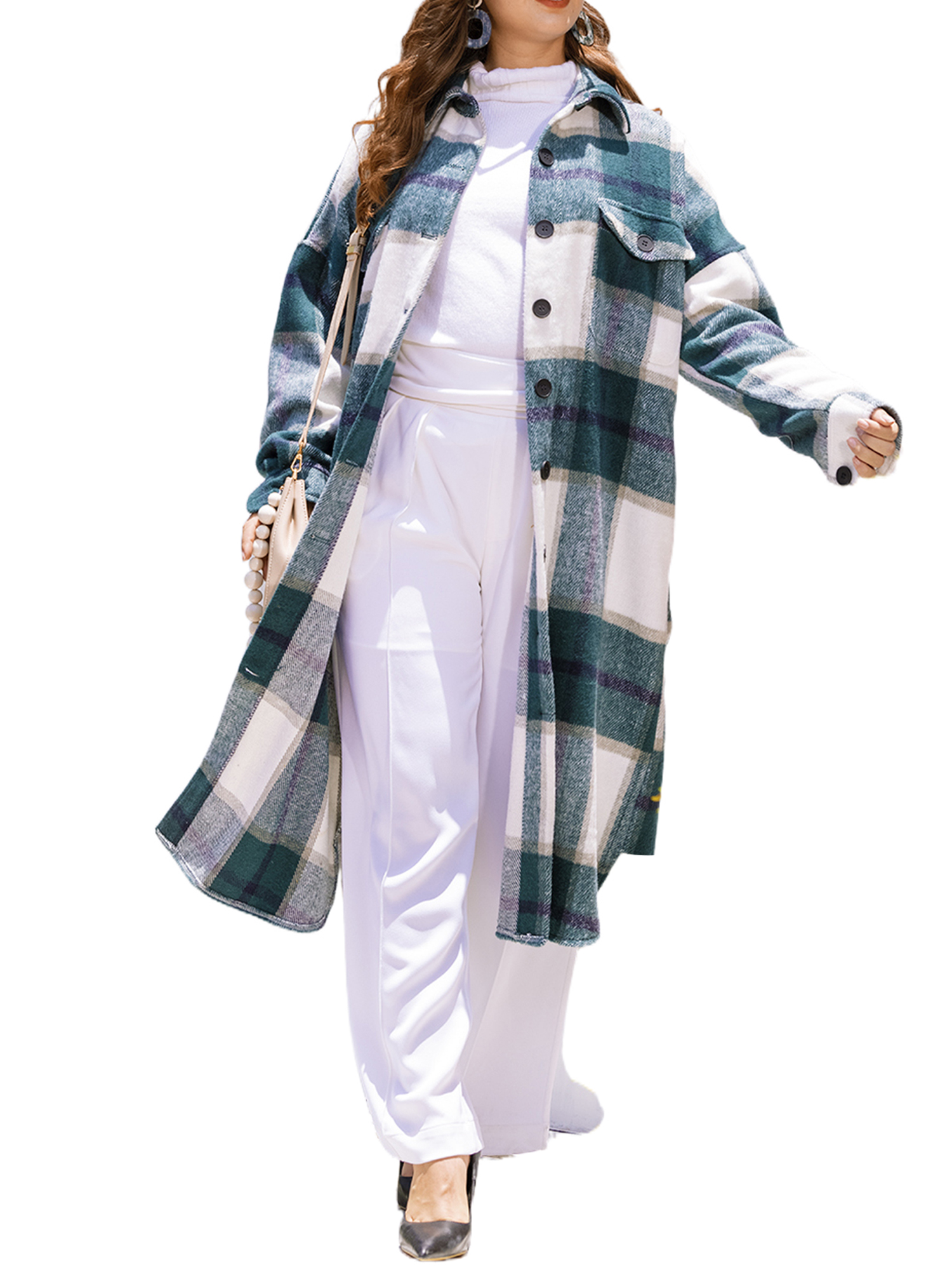 Seyurigaoka Women Casual Coat with Slit Design, Plaid Printing Button ...