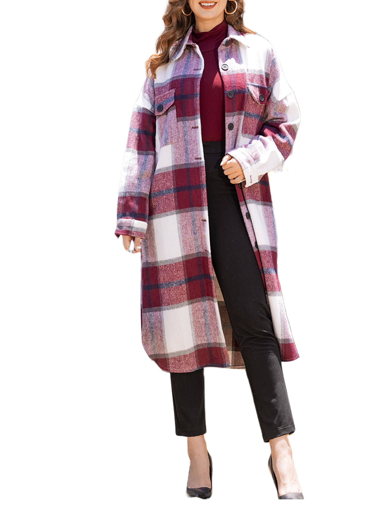 Seyurigaoka Women Casual Coat with Slit Design, Plaid Printing Button ...