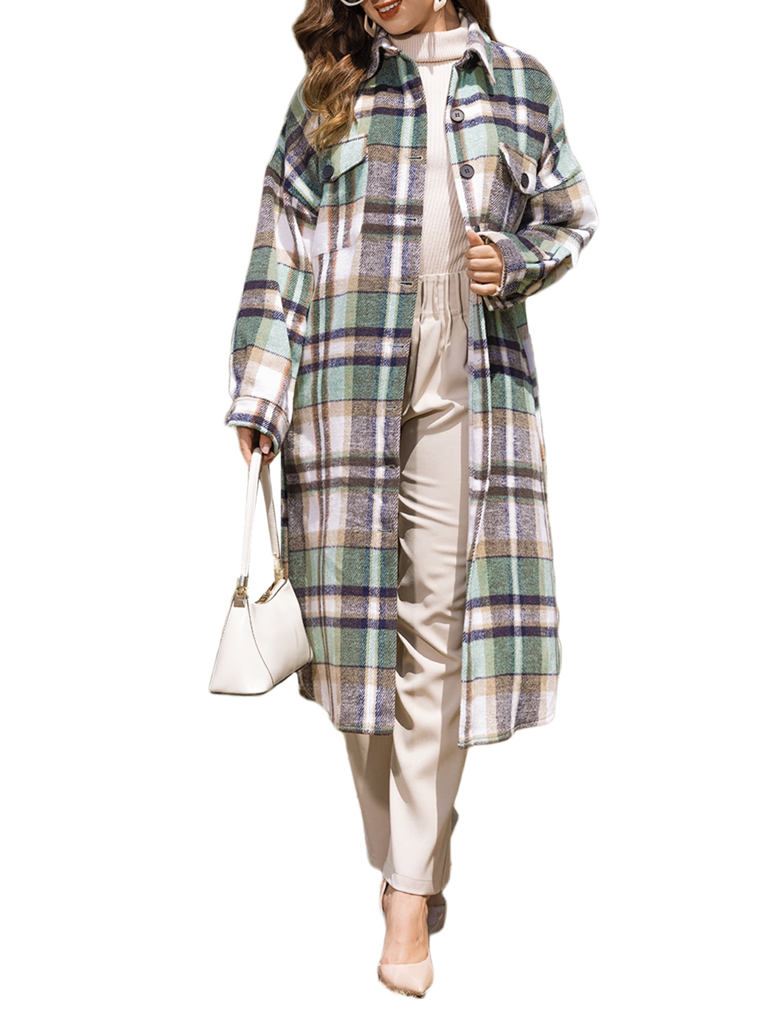Seyurigaoka Women Casual Coat with Slit Design, Plaid Printing Button ...