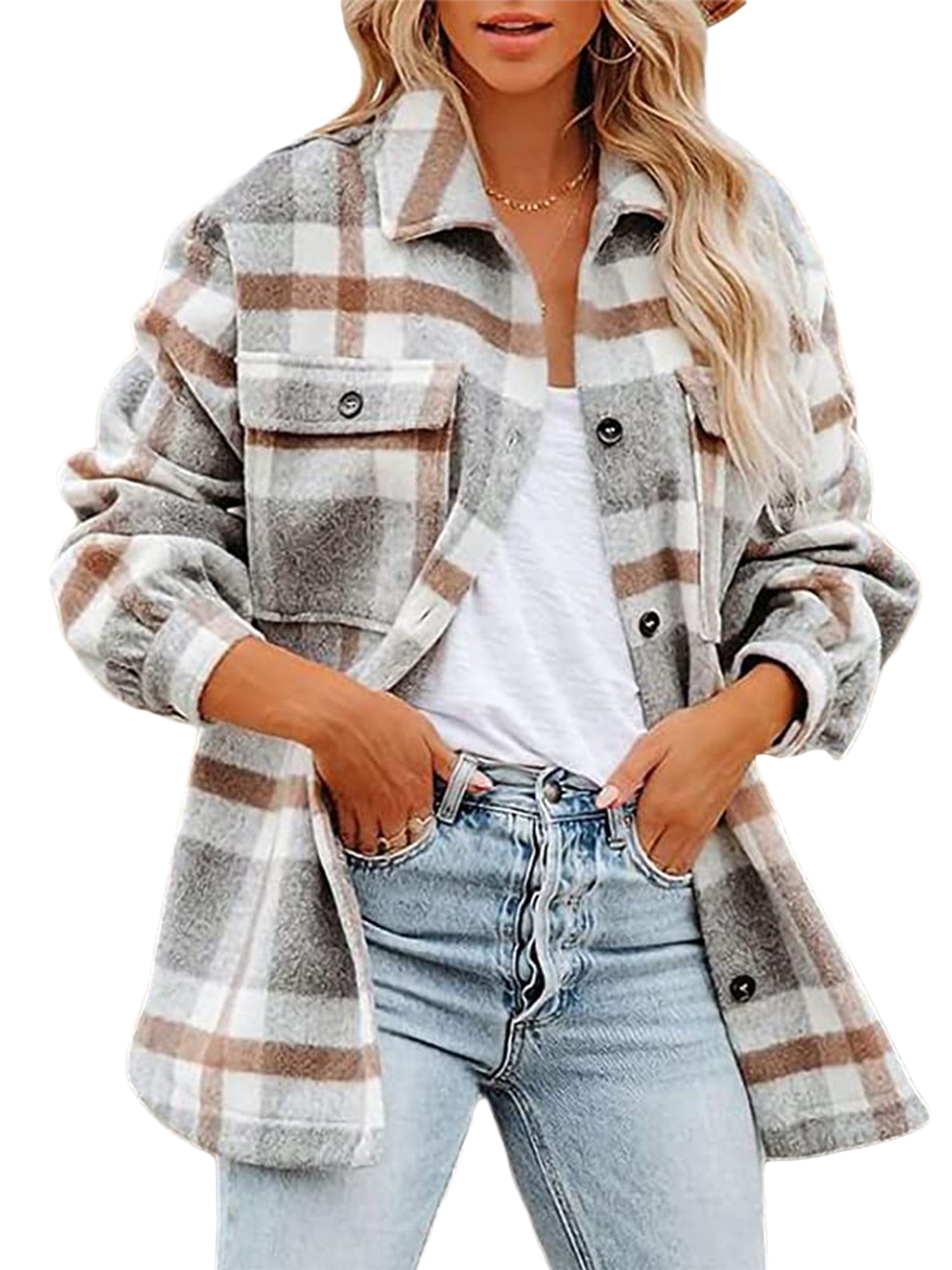 Seyurigaoka Women Juniors Shacket Loose Shirt Jacket, Long Sleeve Lapel ...