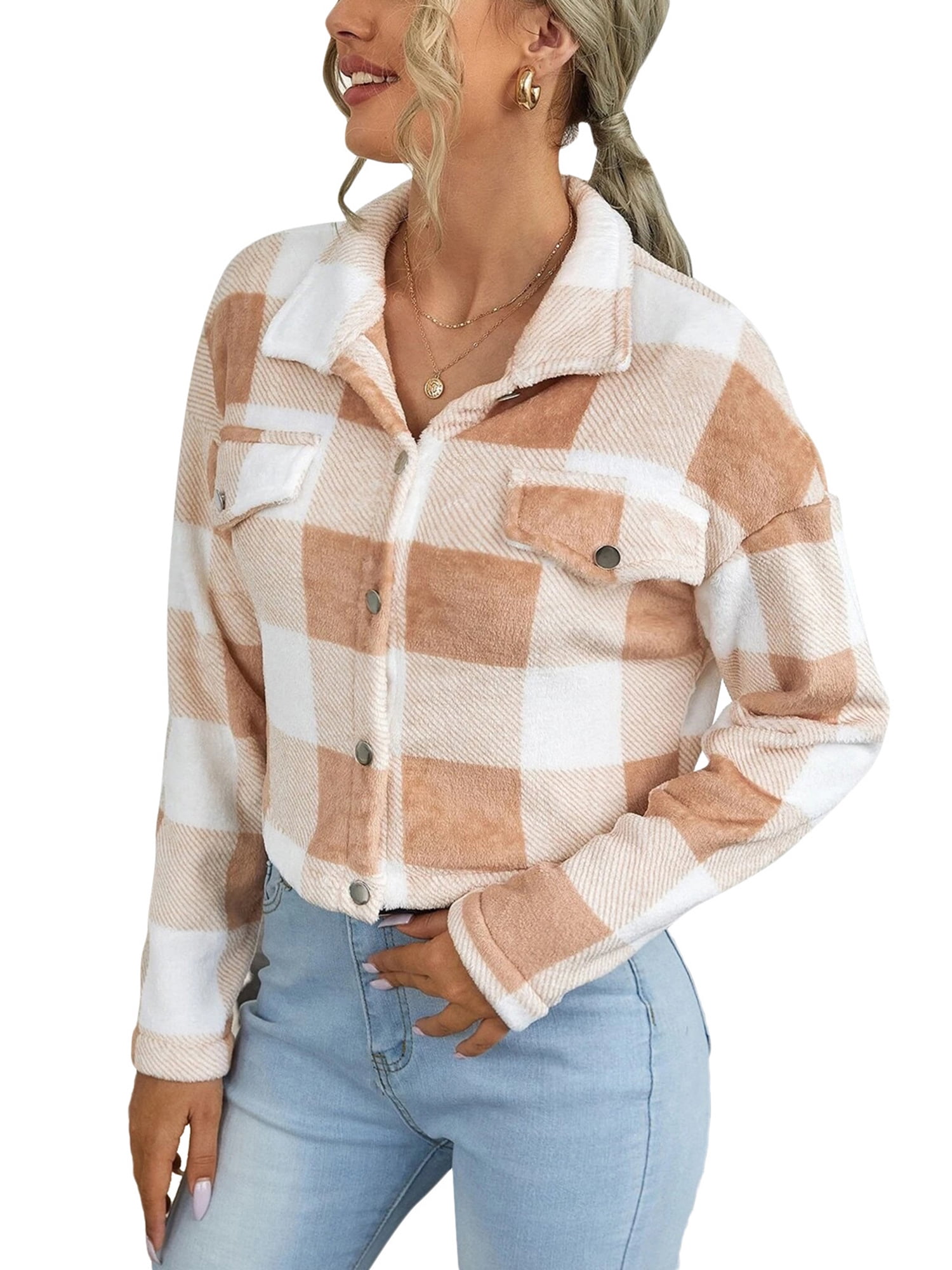 Seyurigaoka Women Juniors Shacket Plaid Coat Long Sleeve Lapel Neck ...