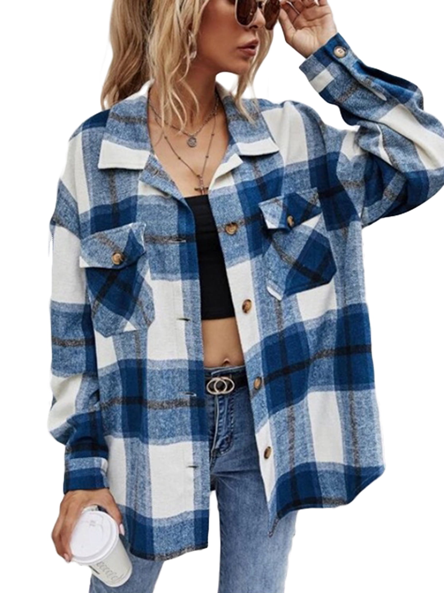 Seyurigaoka Women Juniors Shacket Plaid Turn-Down Collar Long Sleeve ...