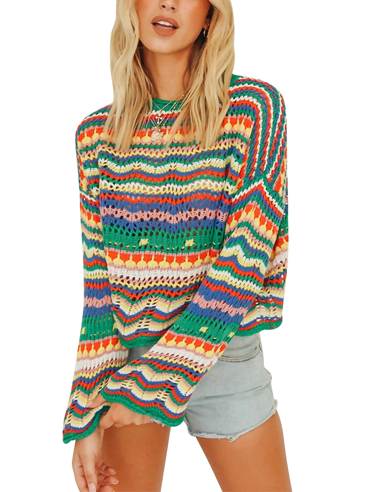 Seyurigaoka Women Sweater Variegated Color Flared Sleeves Round Collar ...