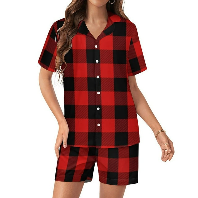 Sfneewho Red Buffalo Check Plaid Silk Satin Pajama Sets for Women ...