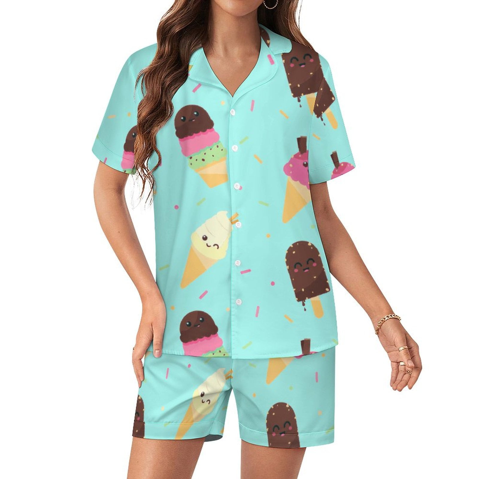 Sfneewho Smiling Ice Cream Cone Popsicle Silk Satin Pajama Sets For