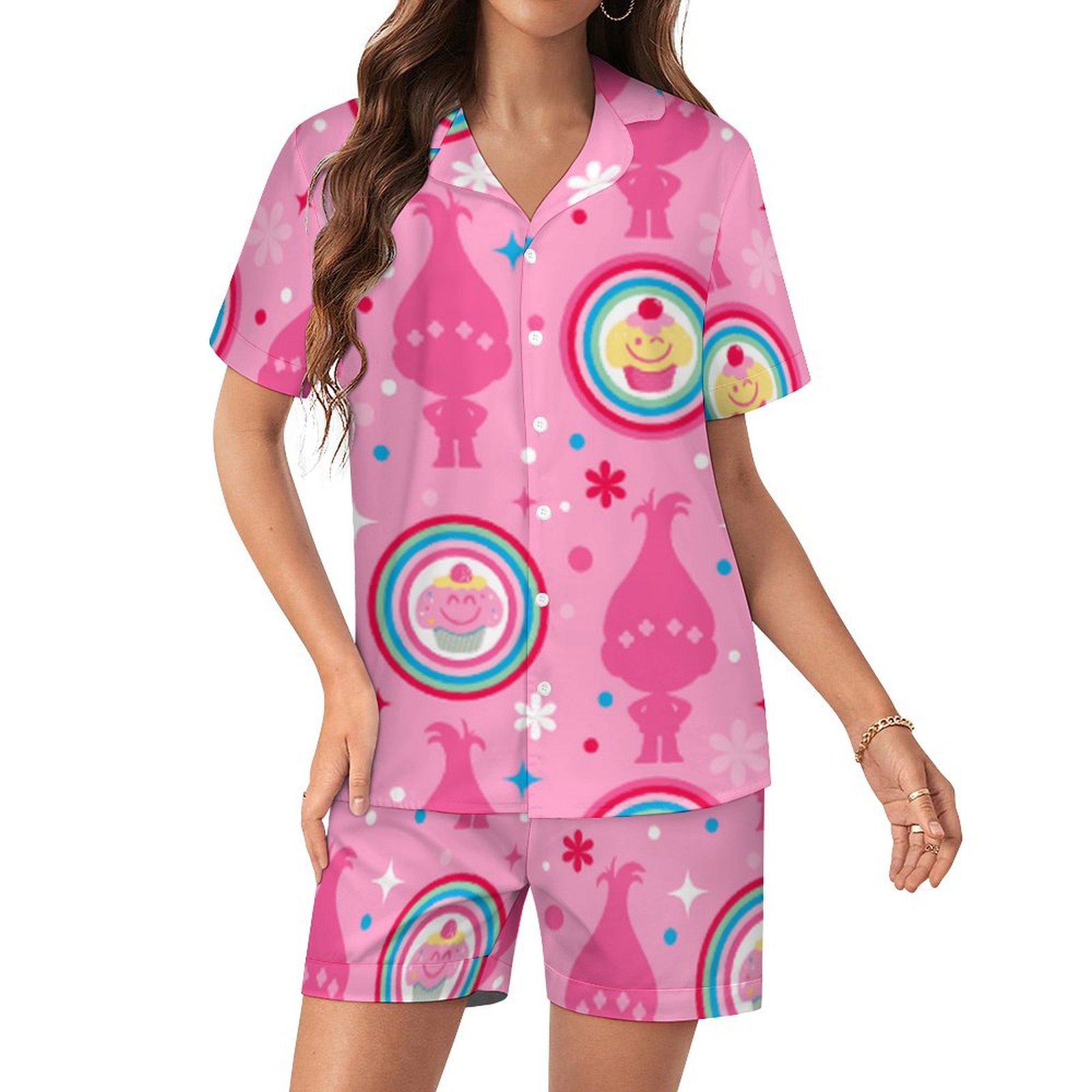 Sfneewho Trolls Cupcakes Rainbows Silk Satin Pajama Sets for Women ...