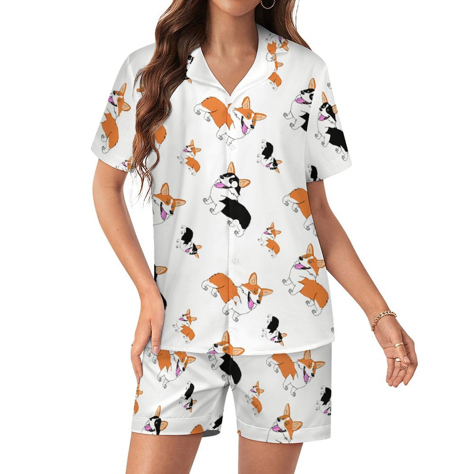 Sfneewho Welsh Corgi Print Silk Satin Pajama Sets for Women Casual 2 ...