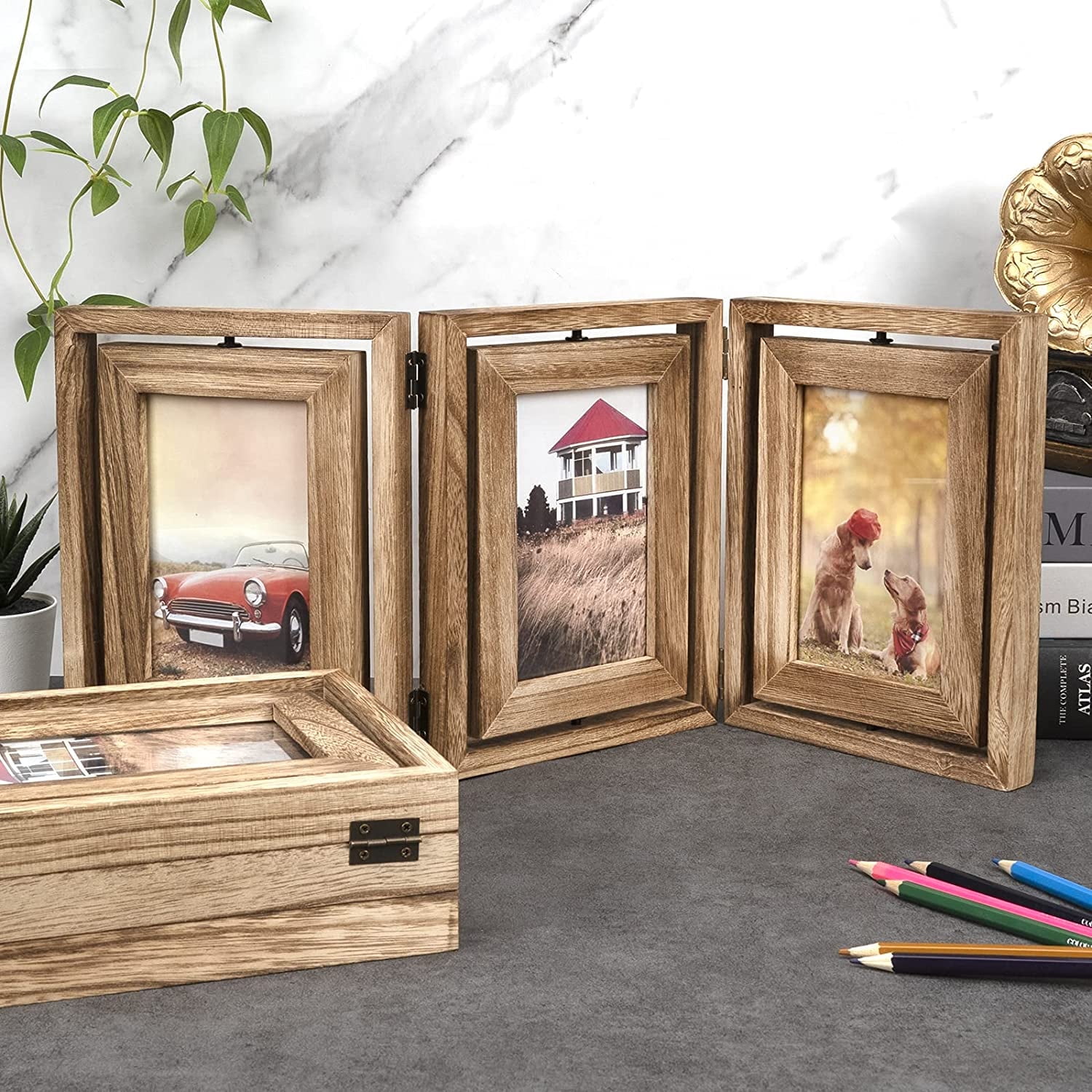 Sfugno 4x6 Picture Frame, Rustic Wood Triple Folding Collage, Double ...