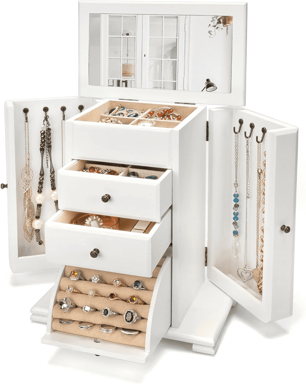 Sfugno Jewelry Box Jewelry Box for Women Rustic Wooden Jewelry Boxes Organizers with Mirror 4 Layer Jewelry Organizer Box Display for Rings