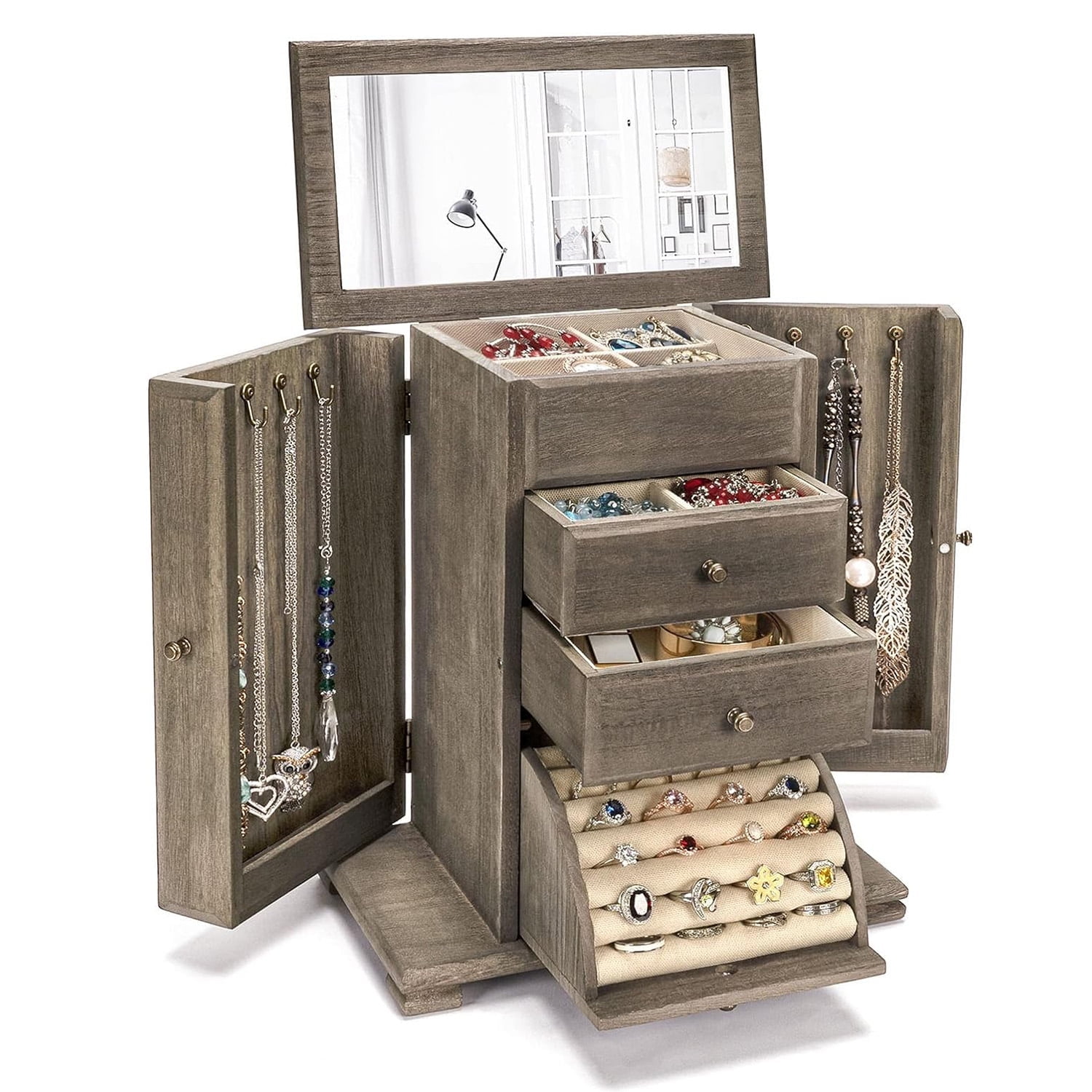 Sfugno Women's 4-Layer Wooden Jewelry Box with Mirror, Organizer for ...