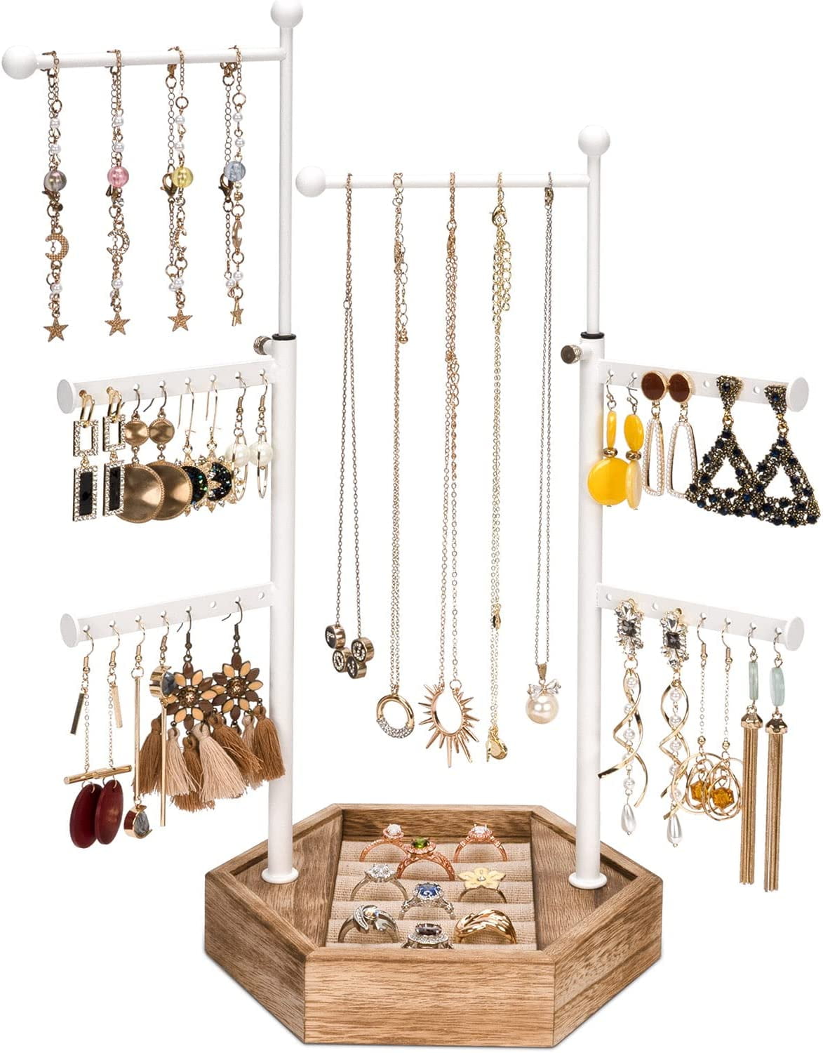 Emfogo Jewelry Tree Stand - 6 Tier Metal & Wooden Organizer with ...