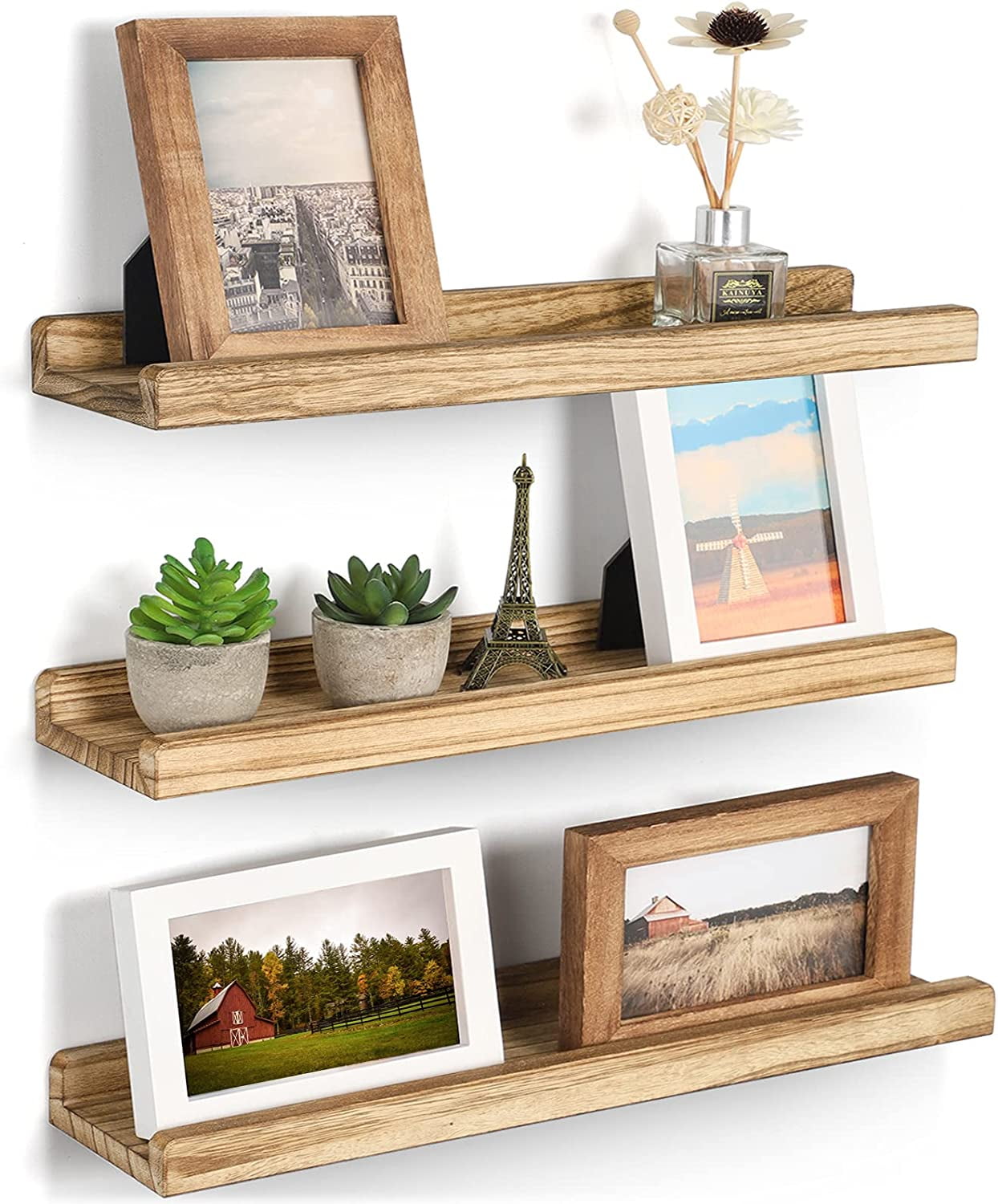 Sfugno Solid Wood Floating Shelves, Set of 3, Rustic Brown, Narrow ...