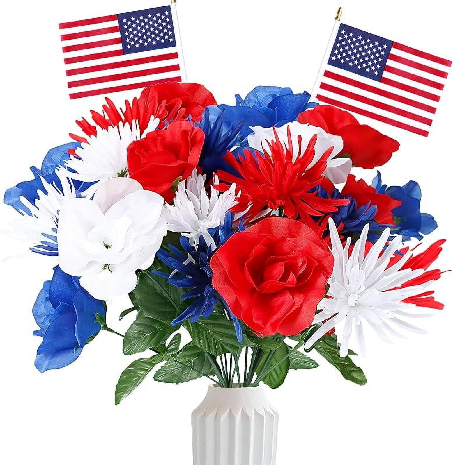 Sggvecsy 30 Pcs Patriotic Artificial Flowers Memorial Bouquet Fake Red ...