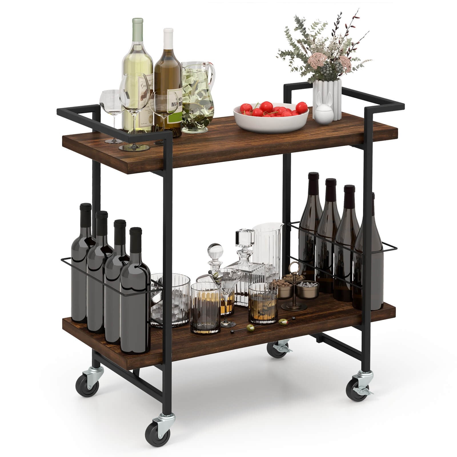 SgoodS Home Bar Cart 2-tier Home Bar Cart w/ Lockable Wheels & Anti ...