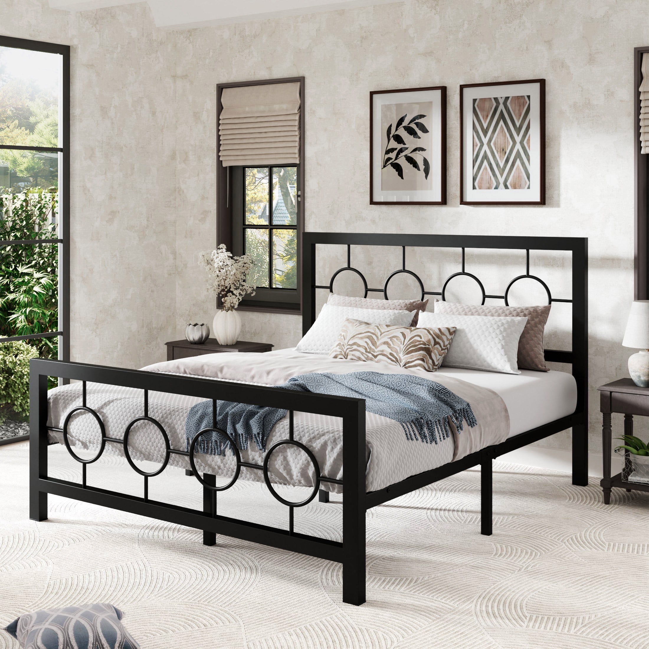 Sha Cerlin Full Size Metal Platform Bed Frame with Circular Vintage ...