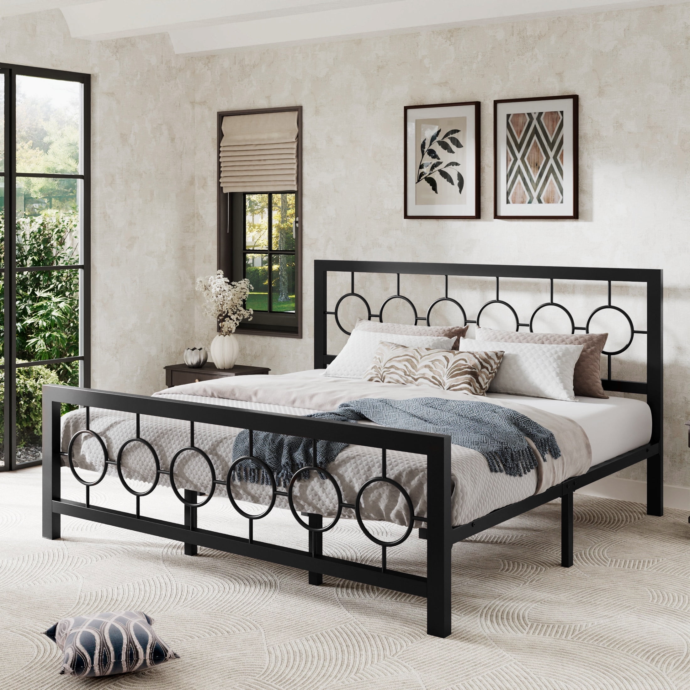Sha Cerlin King Size Bed Frame, Black Iron Metal Platform with Vintage ...