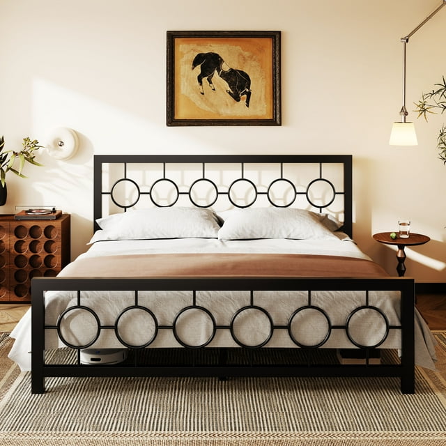 Sha Cerlin Black King Size Metal Platform Bed Frame with Vintage ...