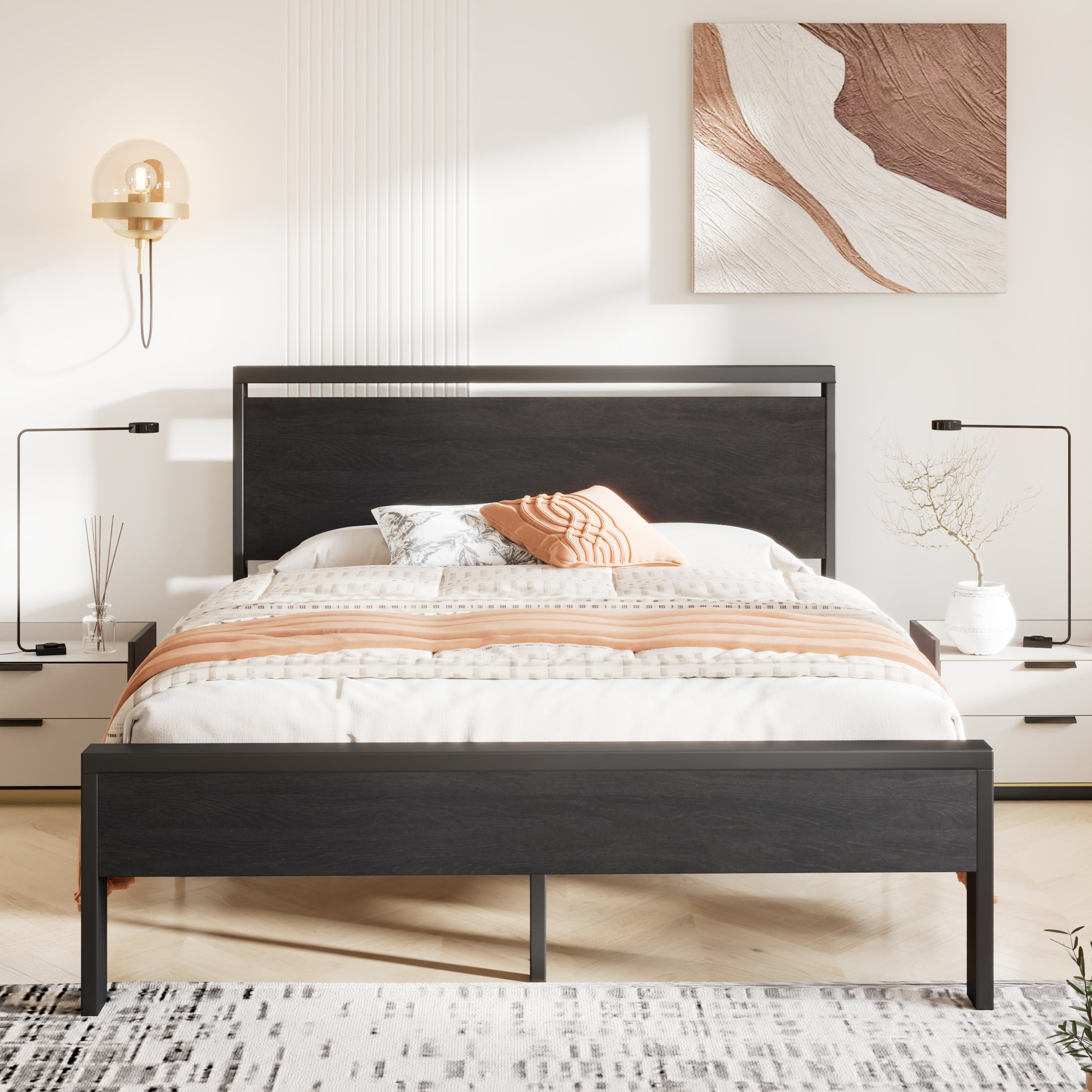 Sha Cerlin Black Oak Queen Size Metal Platform Bed Frame with Wooden ...