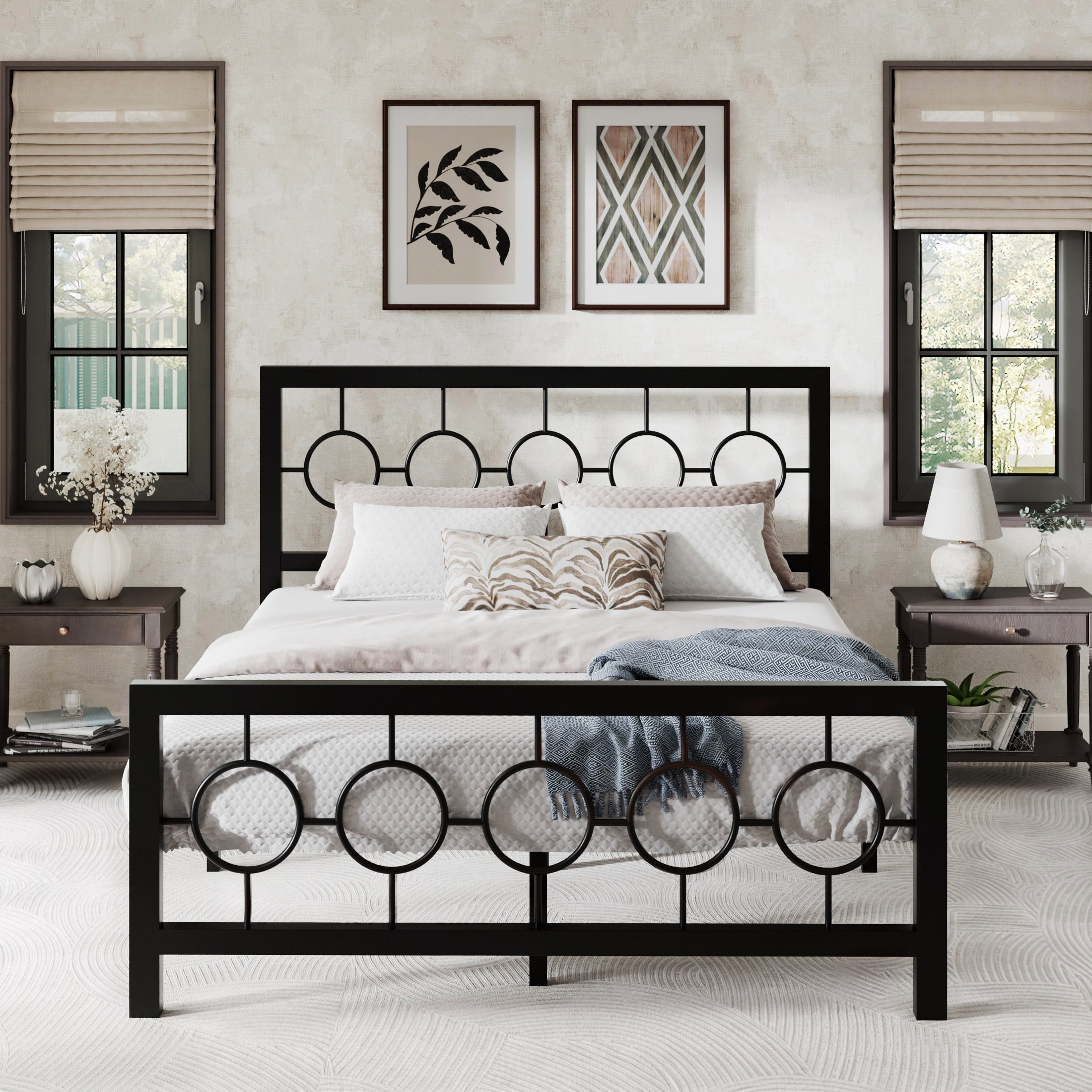 Sha Cerlin Queen Size Iron Bed Frame with Vintage Circular Headboard ...