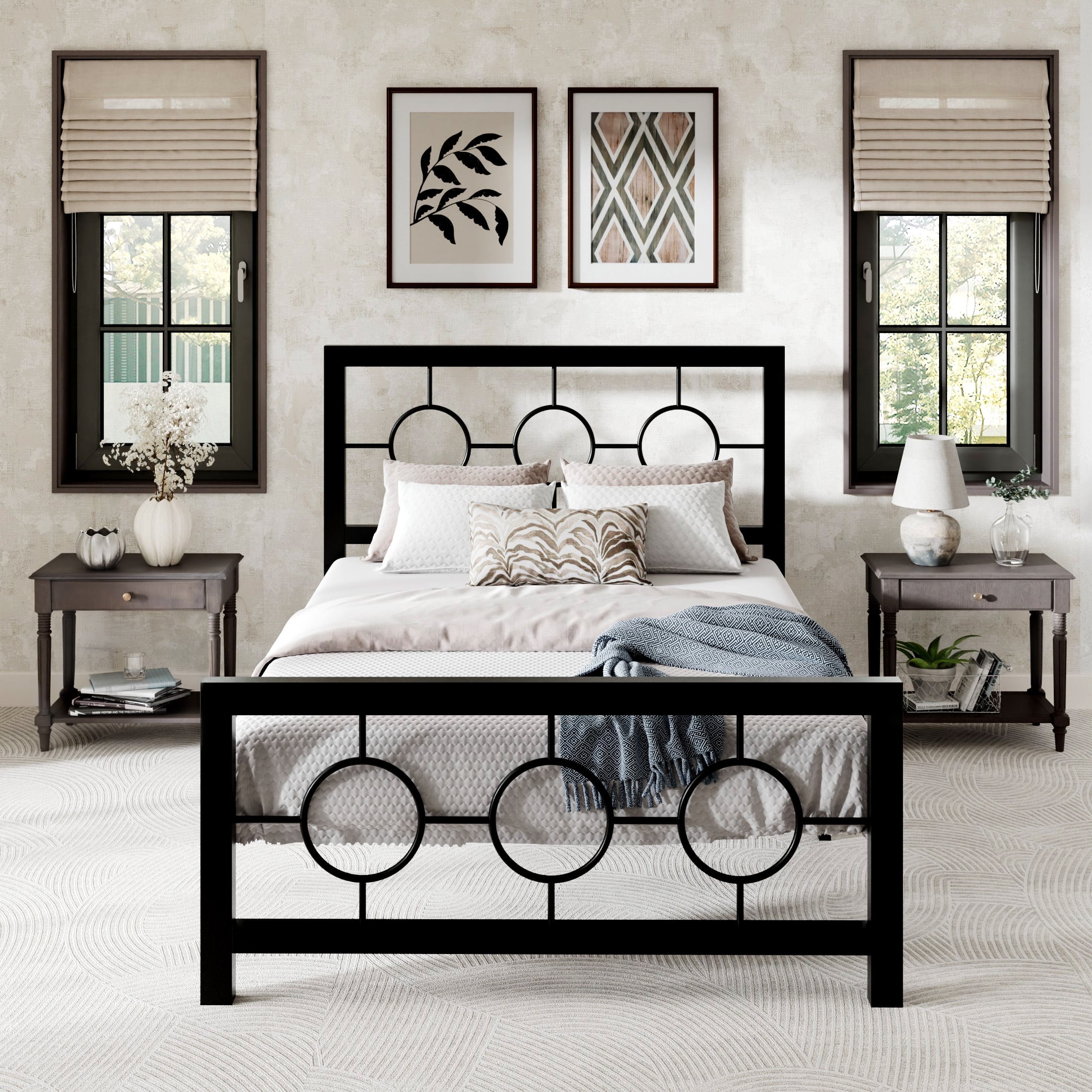 Sha Cerlin Iron Twin Size Bed Frame, Black Metal with Circular ...