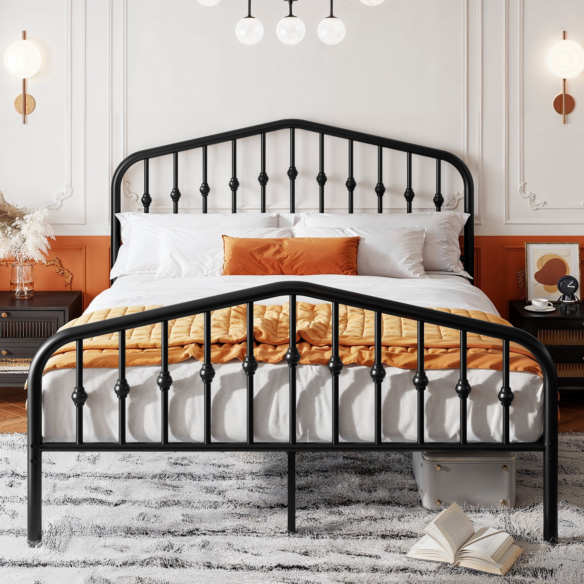 SHA CERLIN Full Size Black Iron Bed Frame with Victorian Footboard ...