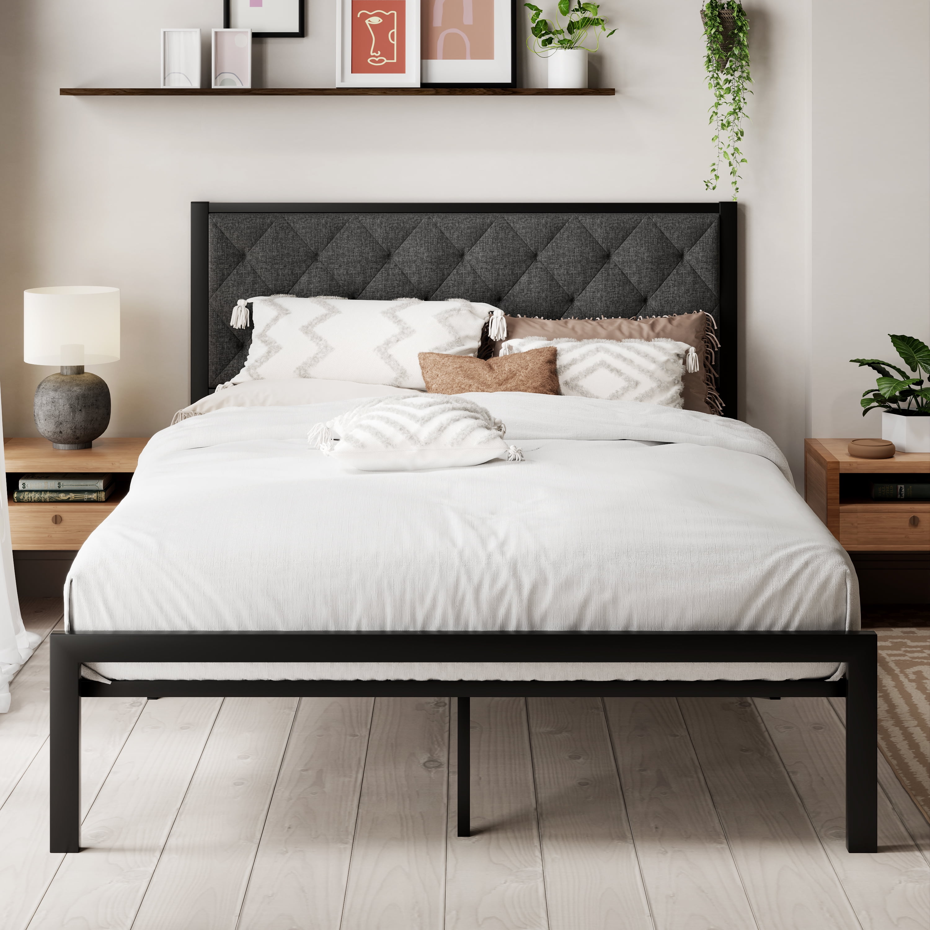 SHA CERLIN Full-Size Bed Frame, Fabric Tufted Headboard, Underbed ...