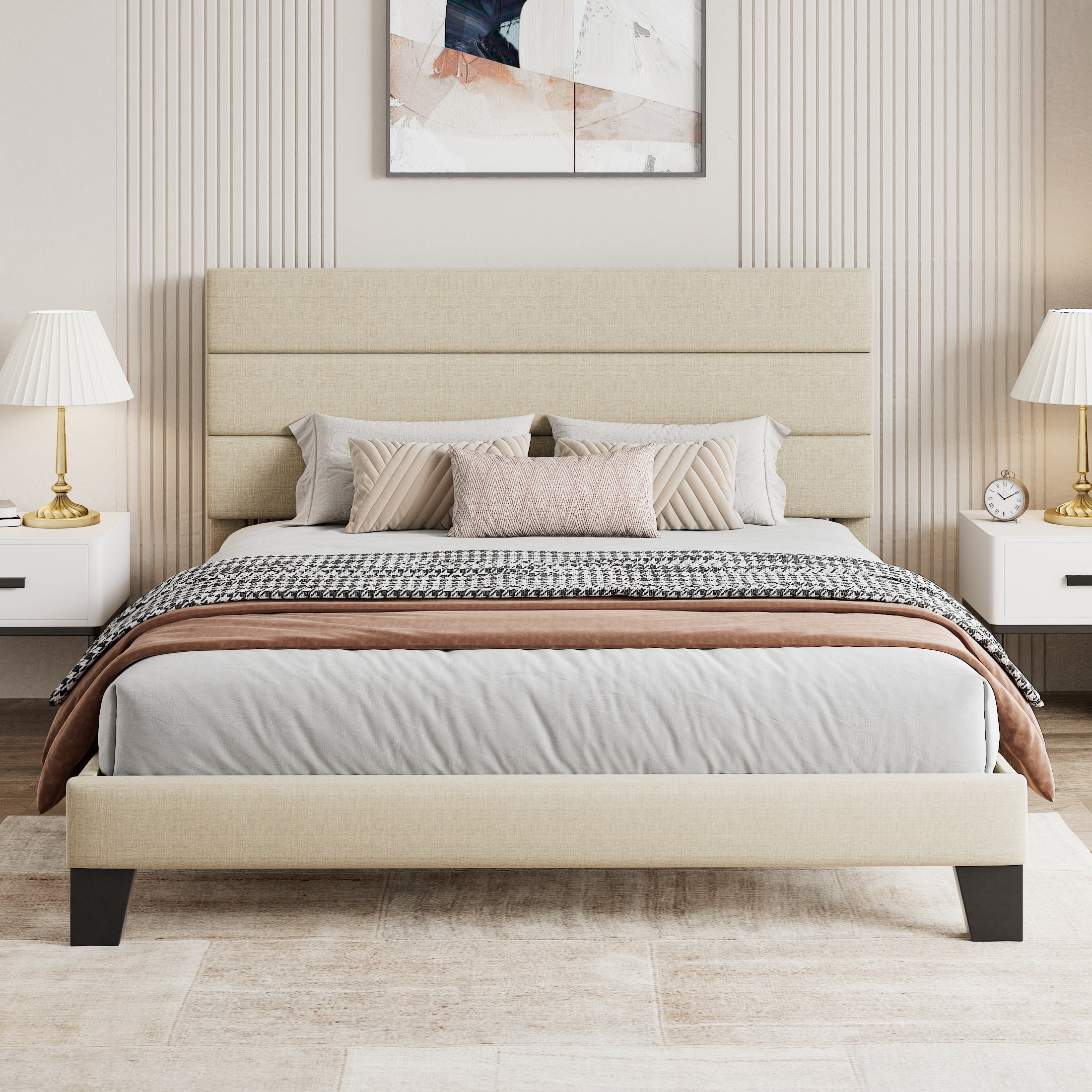 Sha Cerlin Full Size Bed Frame with Upholstered Fabric Headboard, Beige ...