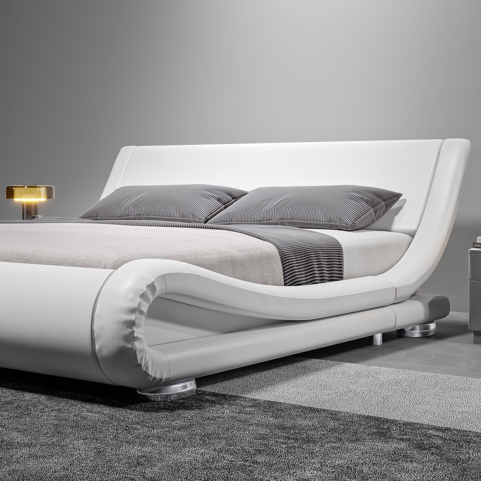 Sha Cerlin Full Size Upholstered Faux Leather Low Profile Sleigh Platform Bed Frame with Adjustable Headboard No Box Spring Needed White Walmart
