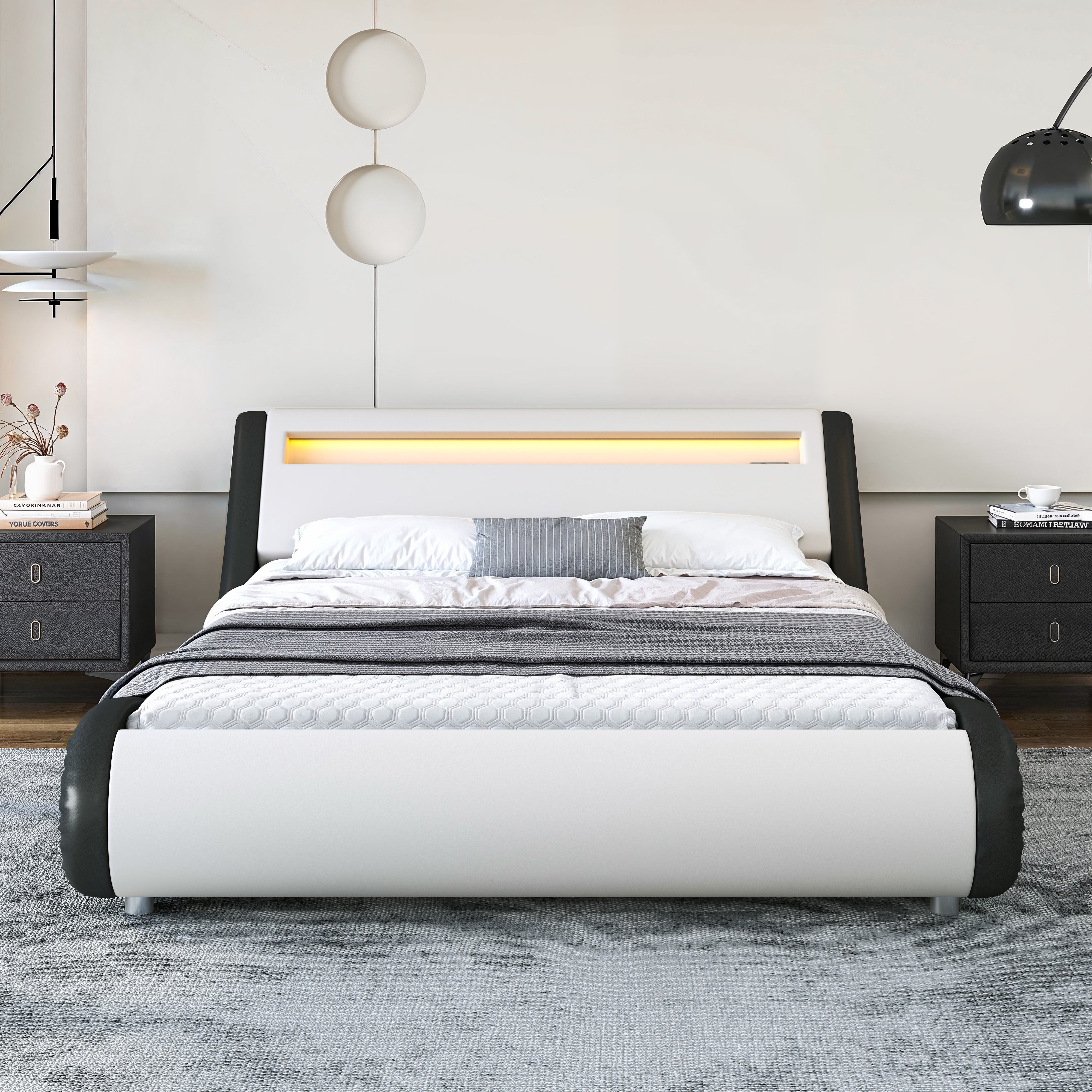 Sha Cerlin Full Size Wave-Like Curve PU Leather Platform Bed Frame with ...
