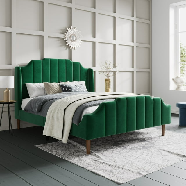 Sha Cerlin Queen Platform Bed Frame, Green, Upholstered Wingback ...