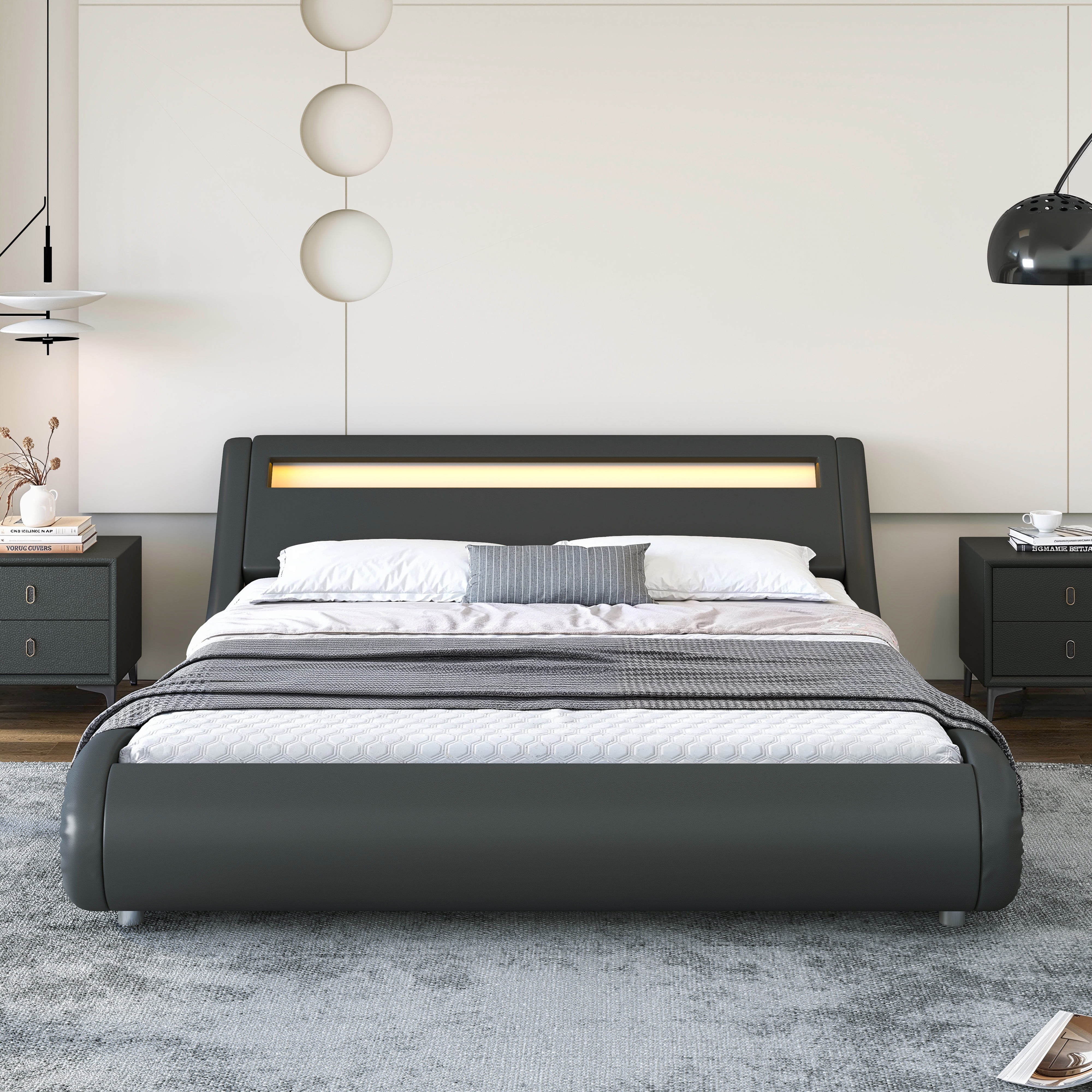 Sha Cerlin King Size Wave-Like Curve PU Leather Platform Bed Frame with ...