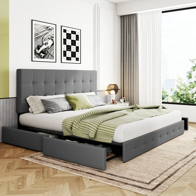 Sha Cerlin Light Gray King Size Platform Bed Frame with 4 Storage ...