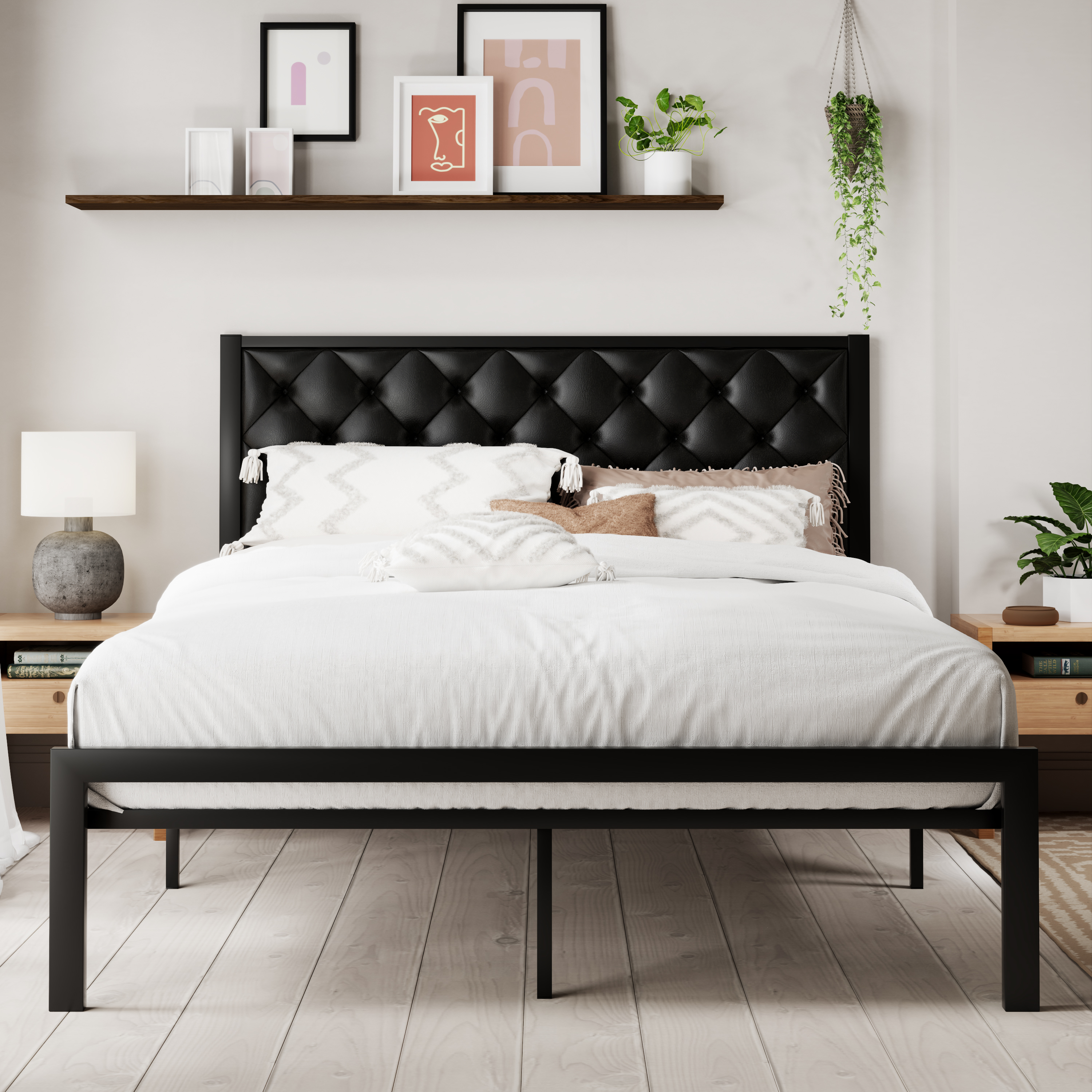 Sha Cerlin Queen Size Bed Frame with Leather Upholstered Tufted ...