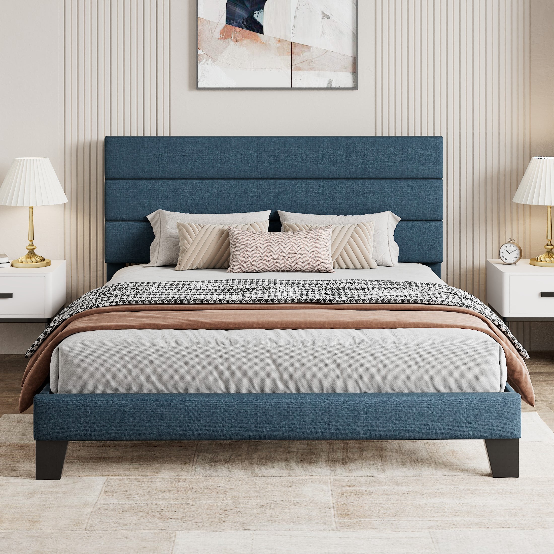 Sha Cerlin Queen Platform Bed Frame, Upholstered Fabric Headboard ...