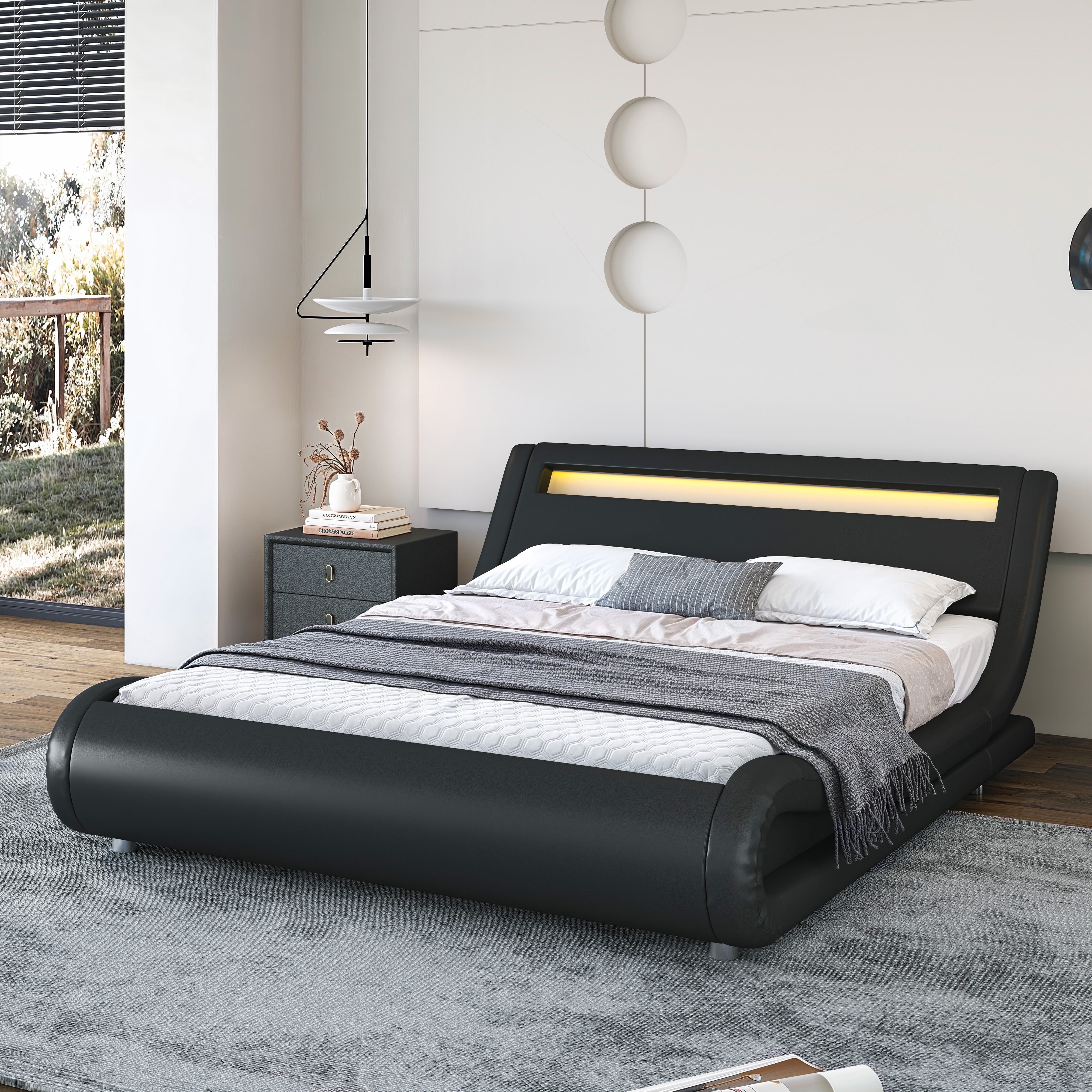 Sha Cerlin Queen Size Wave-Like Curve PU Leather Platform Bed Frame ...