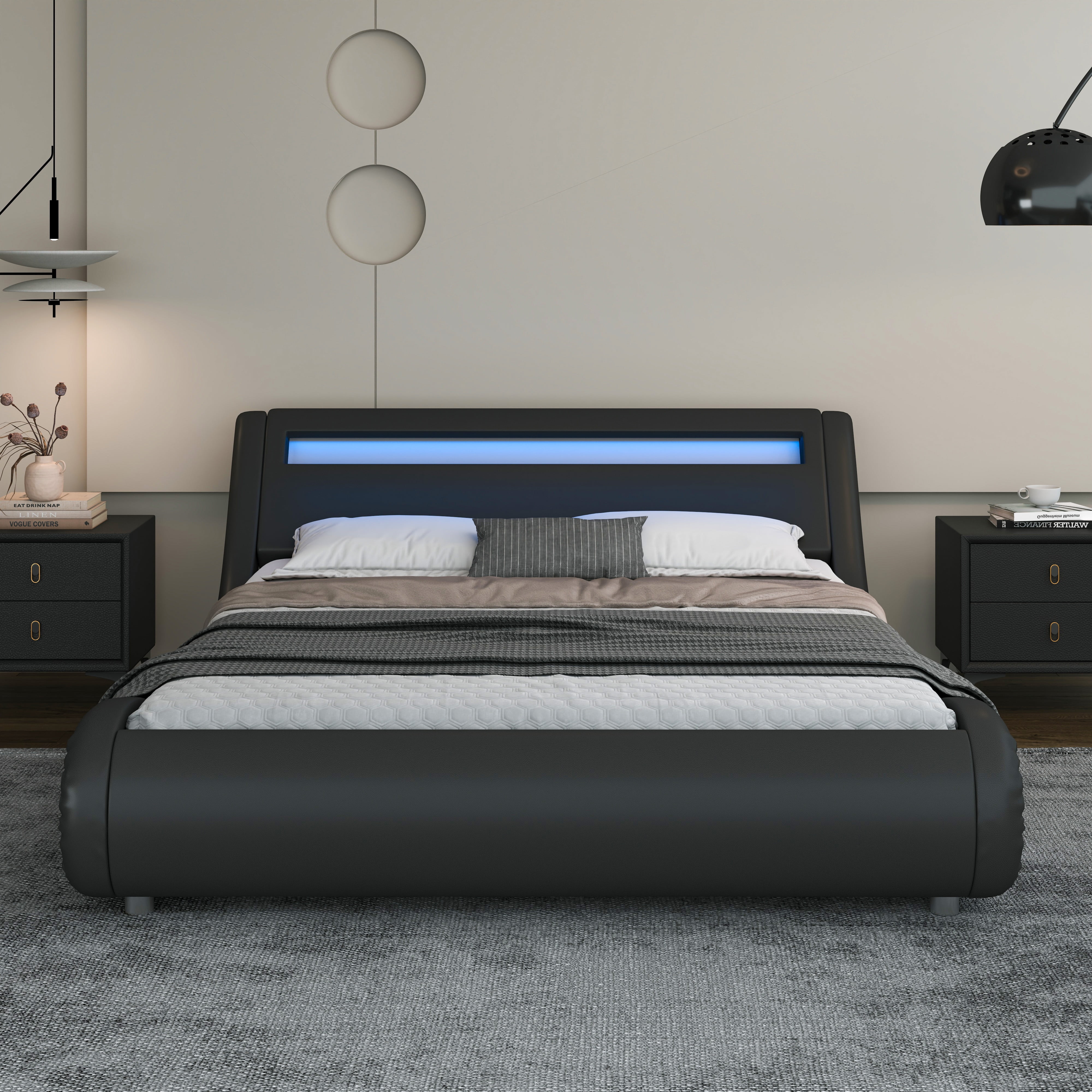 Sha Cerlin Queen Size Wave-Like Curve PU Leather Platform Bed Frame ...