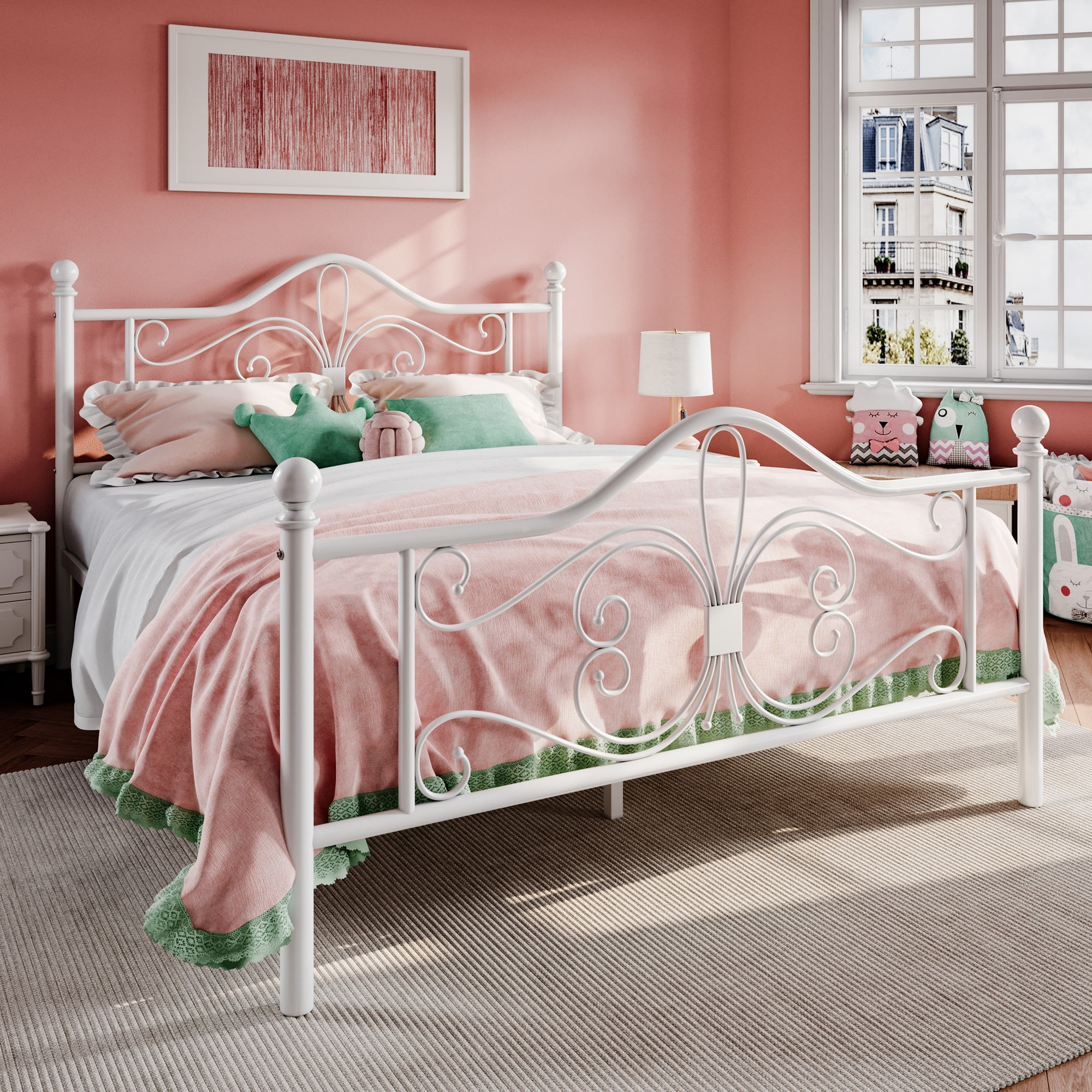 Sha Cerlin White Full Size Metal Platform Bed Frame with Victorian ...