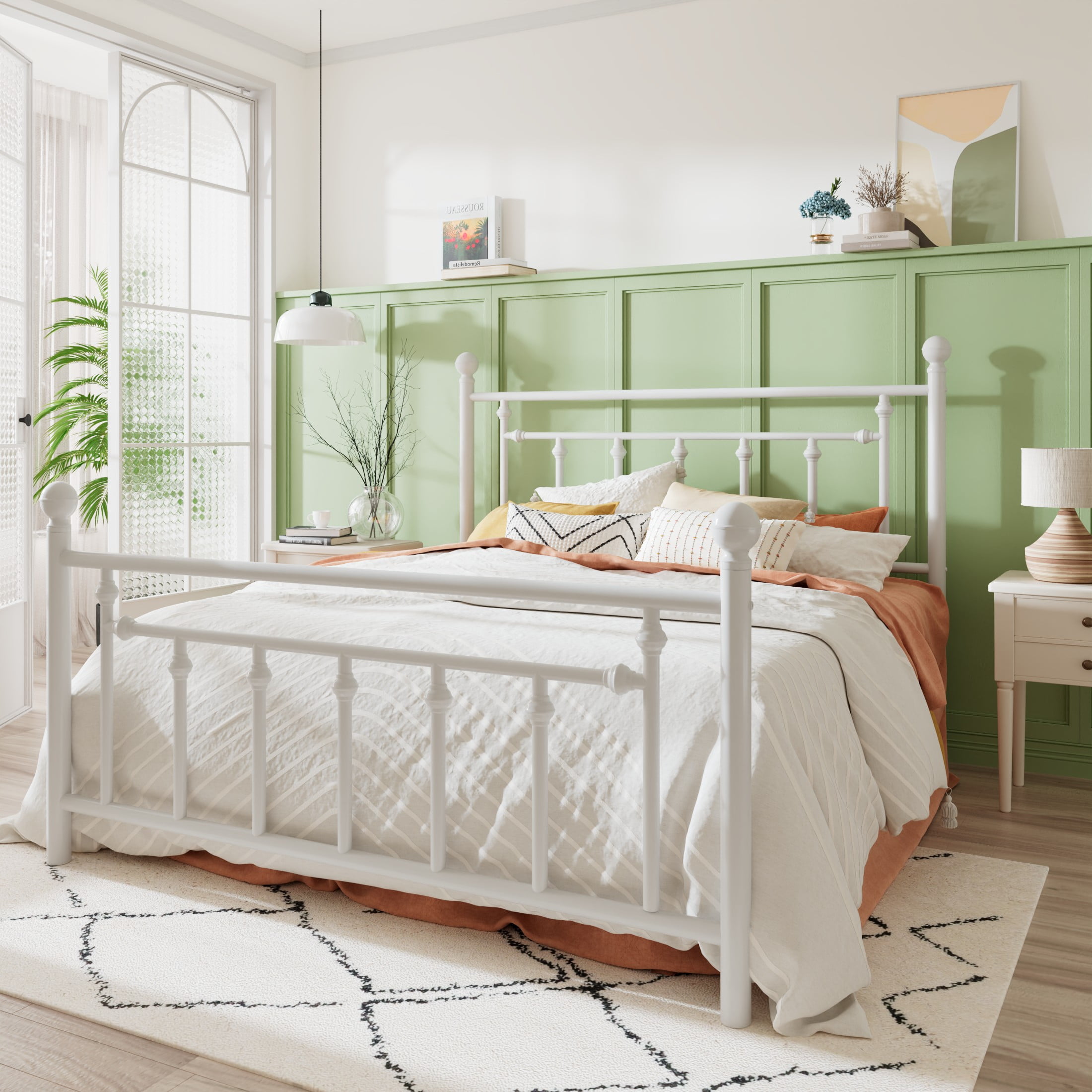 Sha Cerlin Queen Size White Metal Bed Frame, Vintage Platform with ...