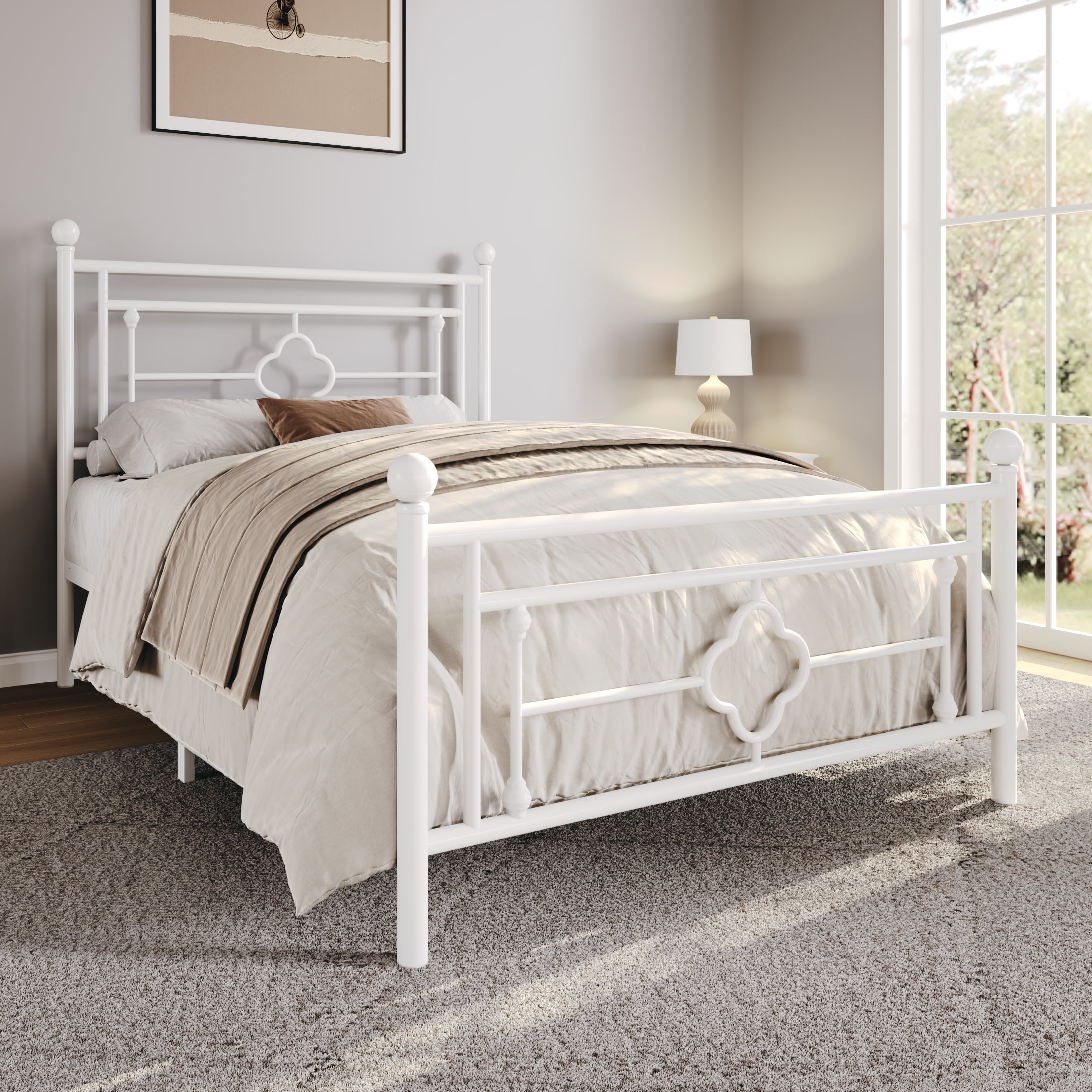 Sha Cerlin Twin Size White Metal Bed Frame with Victorian Vintage Iron ...