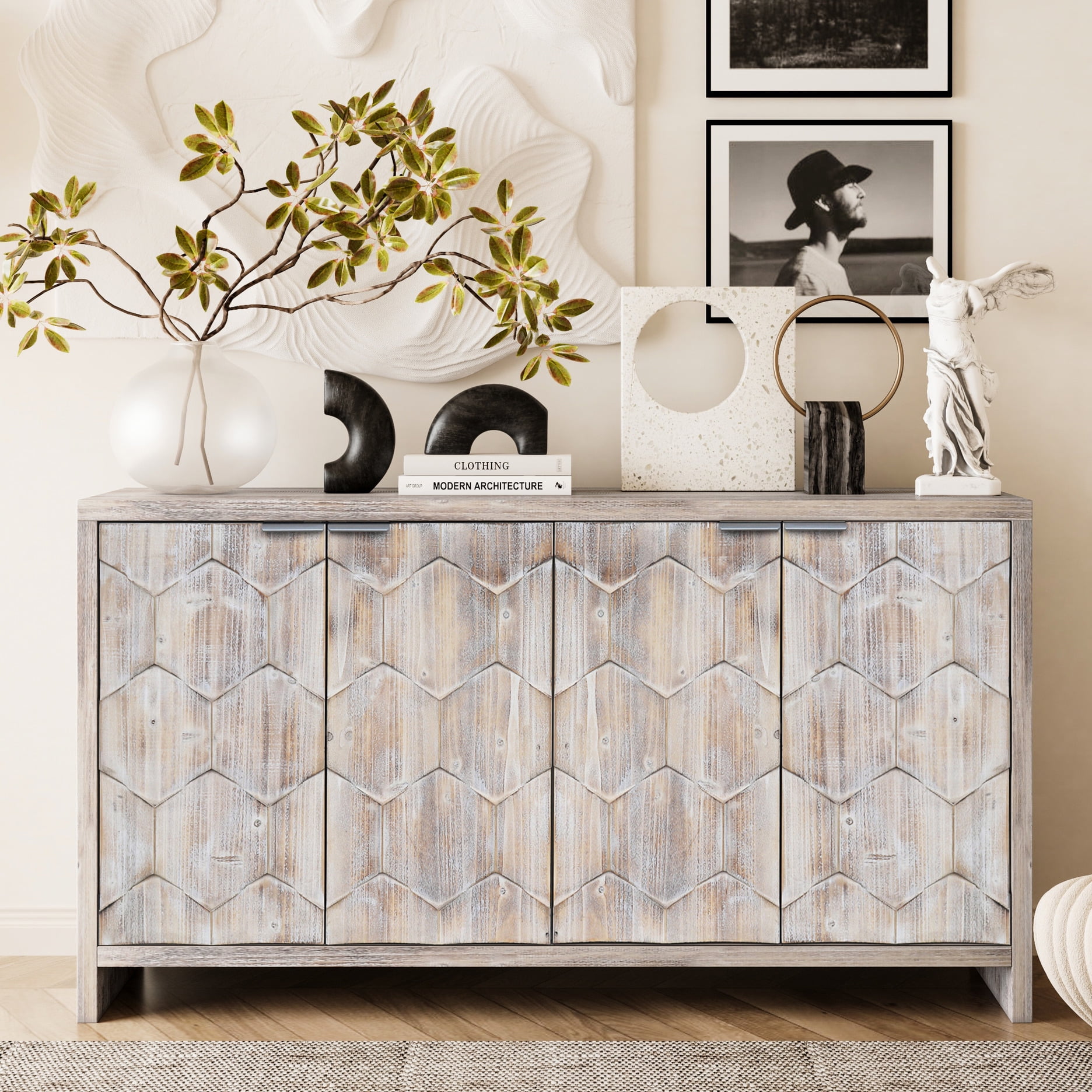 Shabby Chic 4 Door Wooden Cabinet Sideboard Buffet Server Storage ...