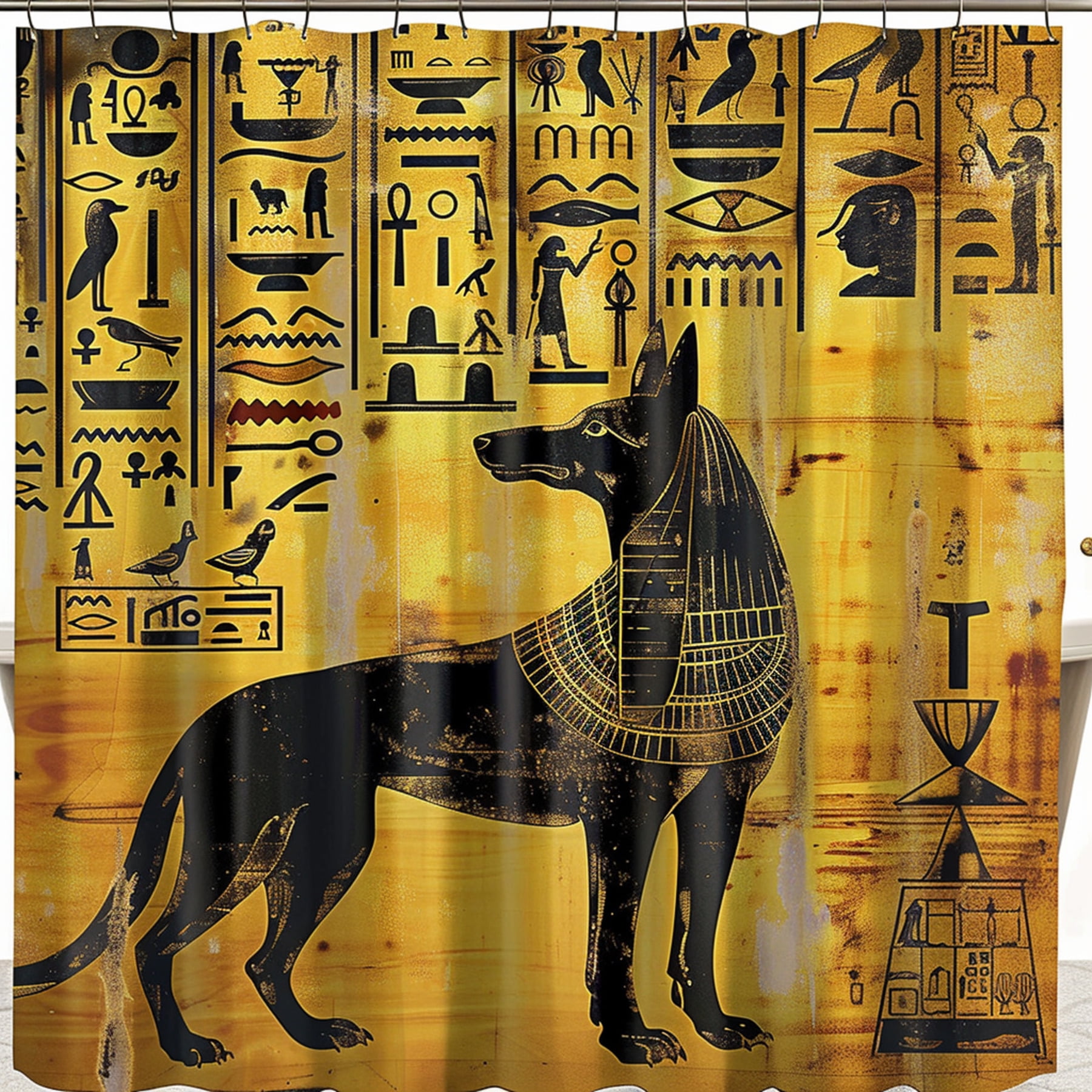Shabby Chic Anubis Dog Egyptian Theme Shower Curtain Yellow Black ...