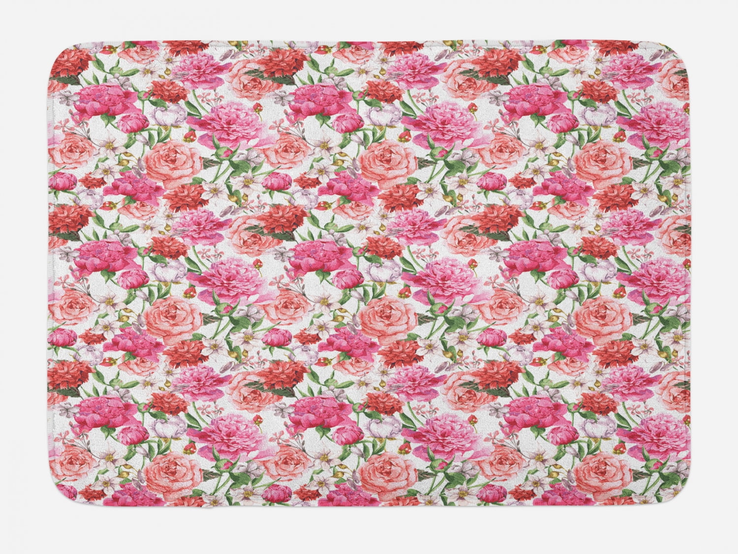 Shabby Chic Bath Mat, Summer Spring Garden Flowers with Leaves and Buds ...