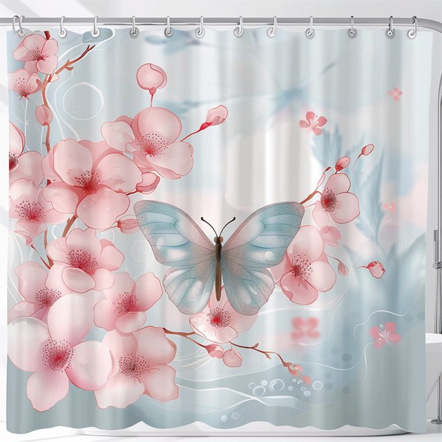 Shabby Chic Butterfly And Pink Flowers Shower Curtain Cute Cartoon