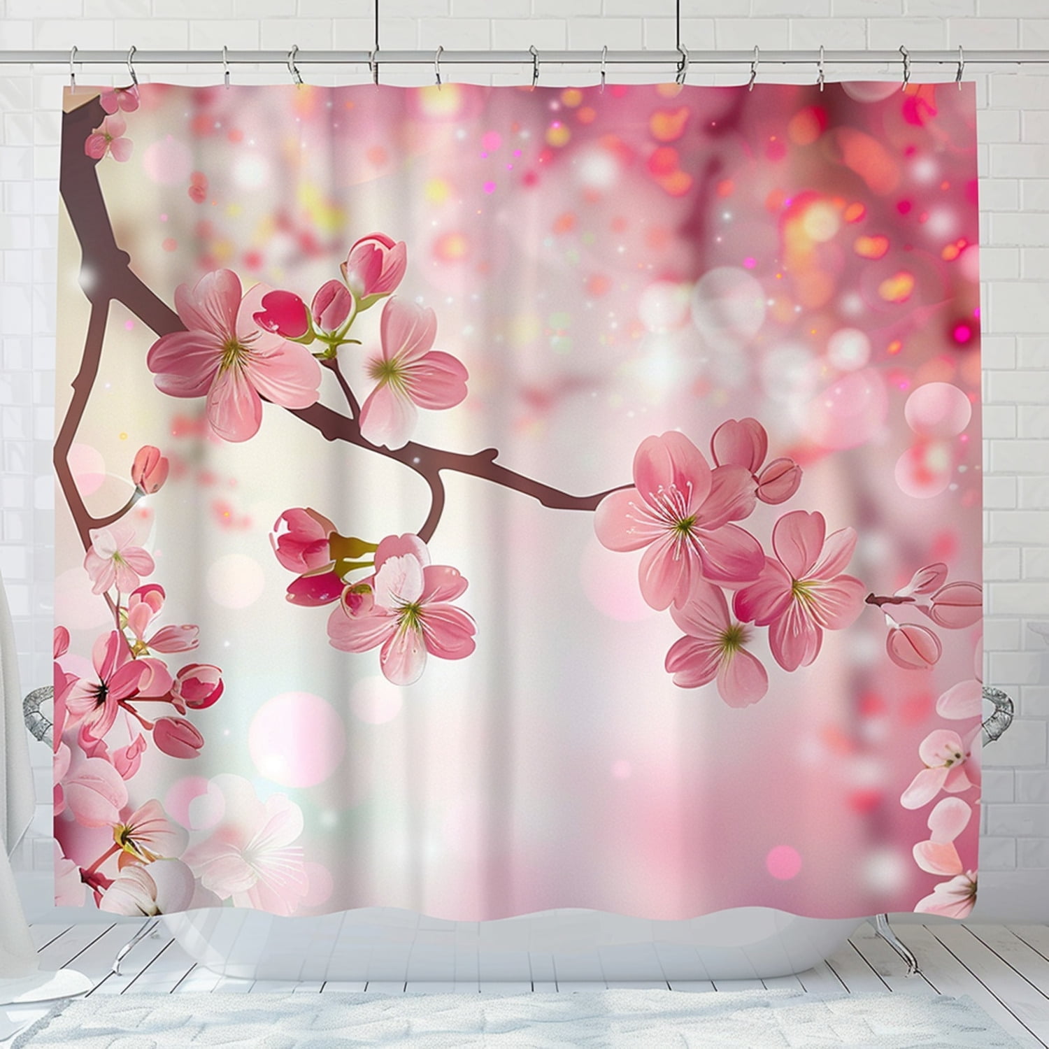 Shabby Chic Cherry Blossom Branch Shower Curtain Set - Elegant Pink and Light Red Floral Design ...