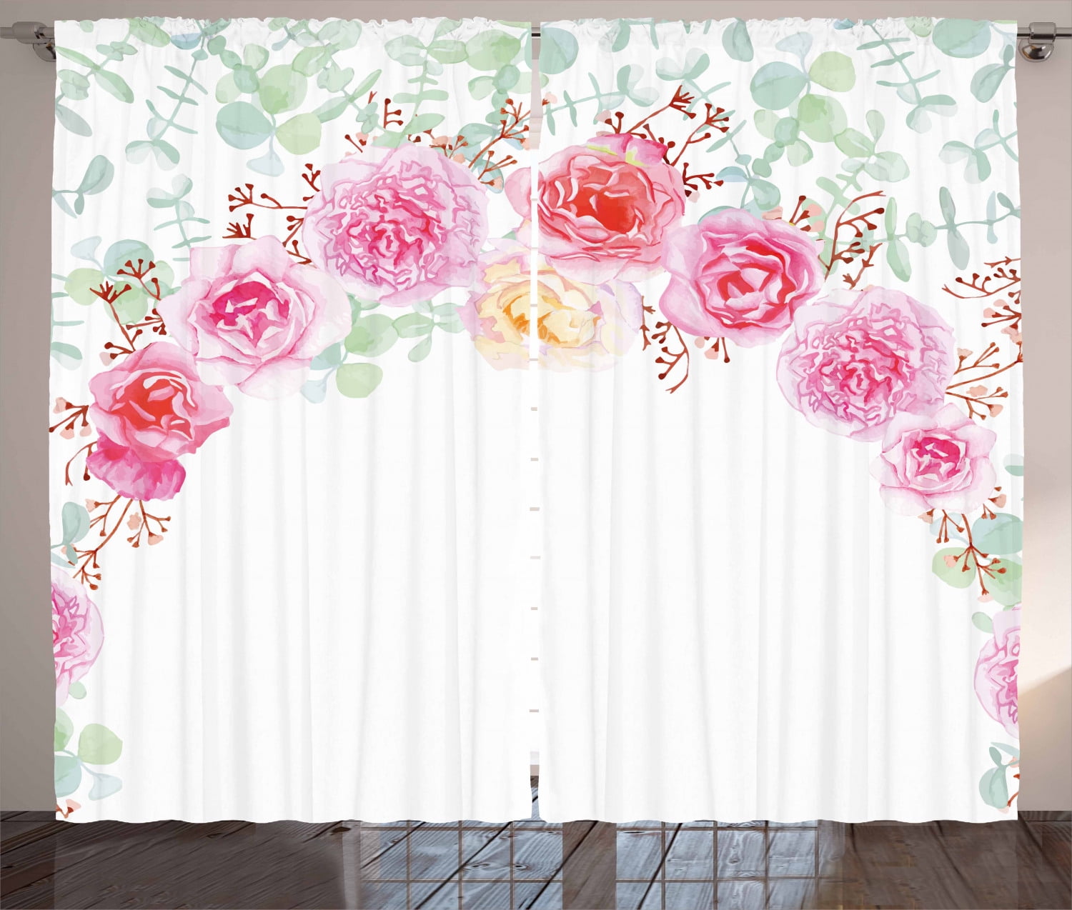 Ambesonne Shabby Flora Curtains 2 Panel Set, Floral Wreath Peony, 108 ...